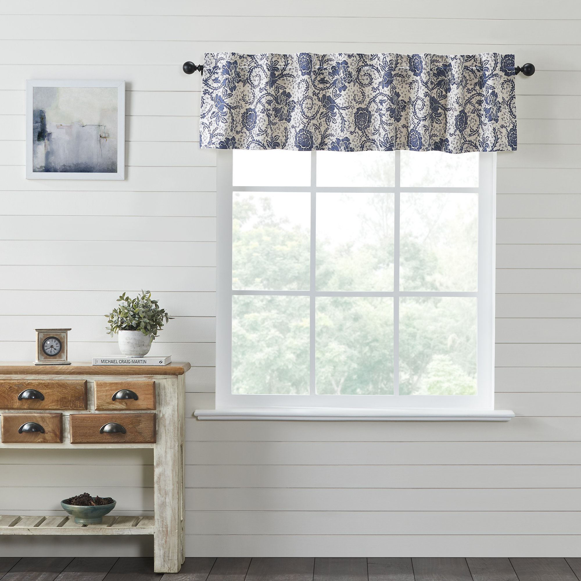 Charlton Home Besmira Floral Cotton Tailored Window Valance in Navy ...