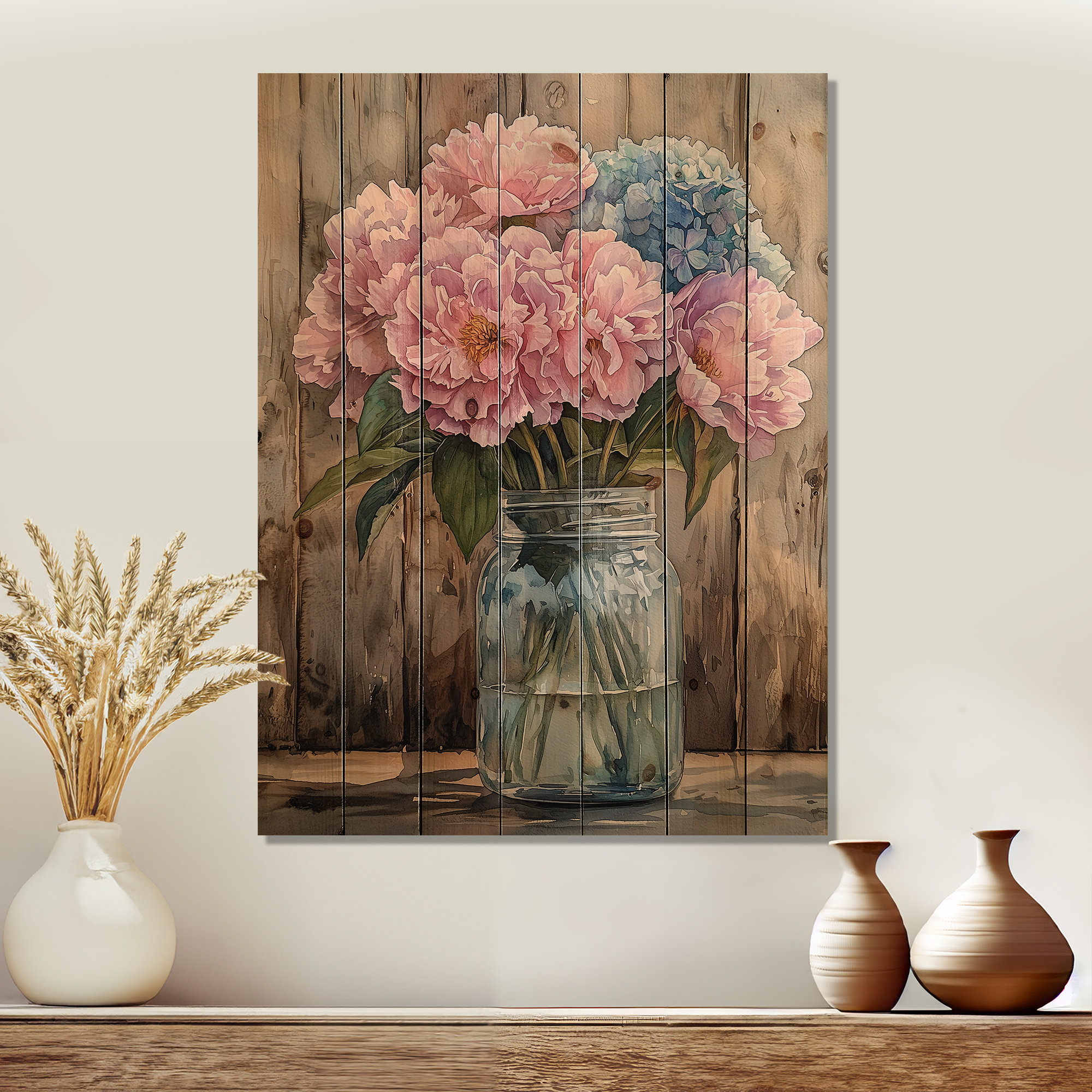Ophelia & Co. Pastel Peony Bouquet At The Farm III - Peonies Wood Wall Decor - On Natural Pine ...