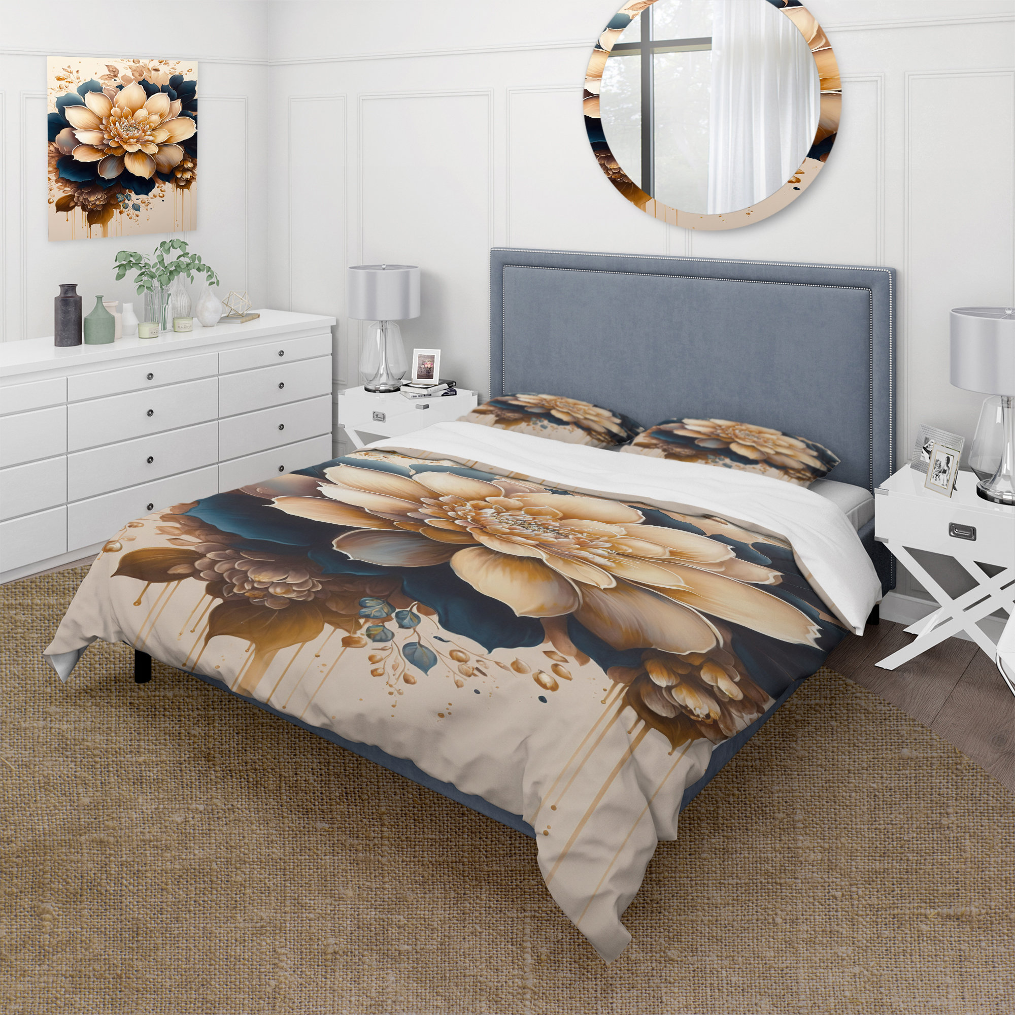 Design Art Light Orange And Dark Blue Dhalia III Microfiber / Polyester ...