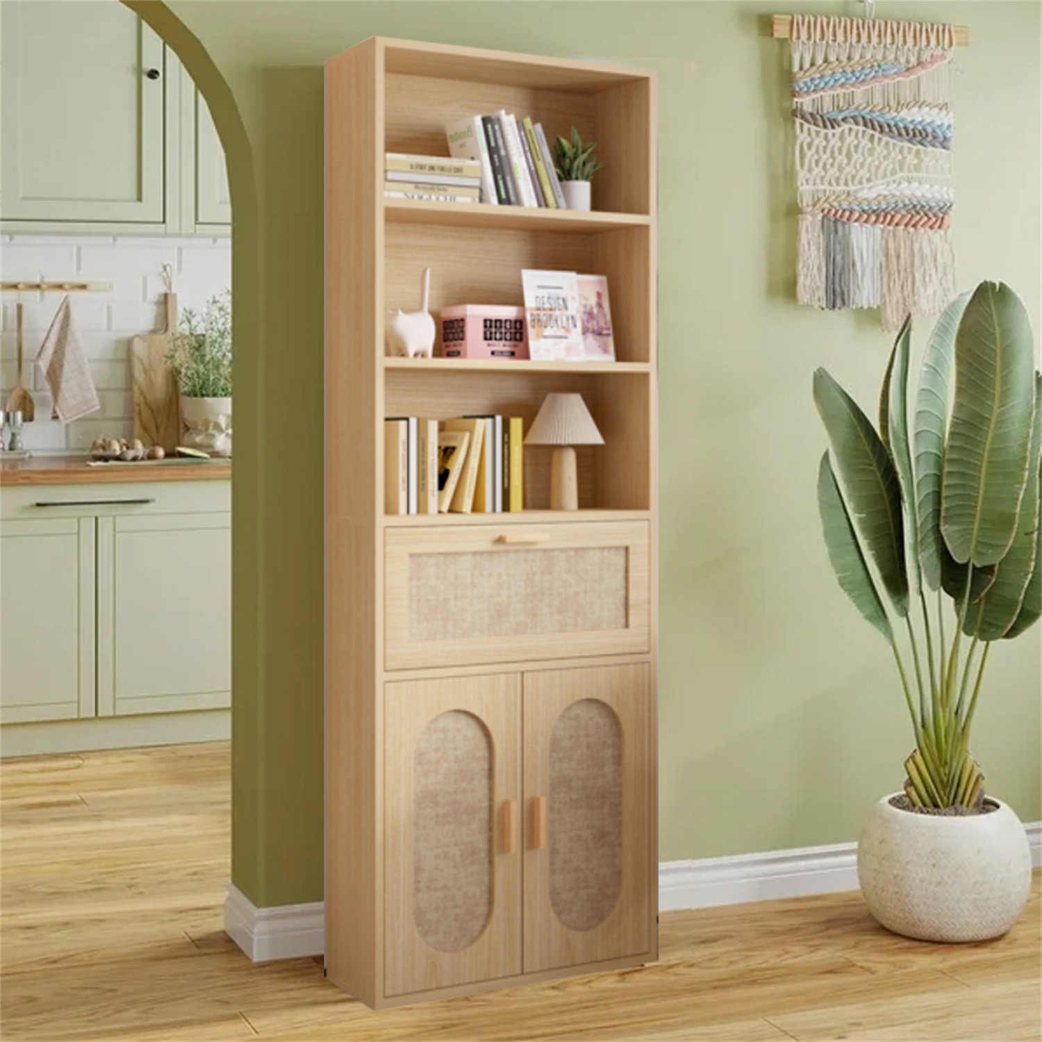 Rockpapa Furniture 60" Rattan Surface Triamcinol Board Display Cabinet ...