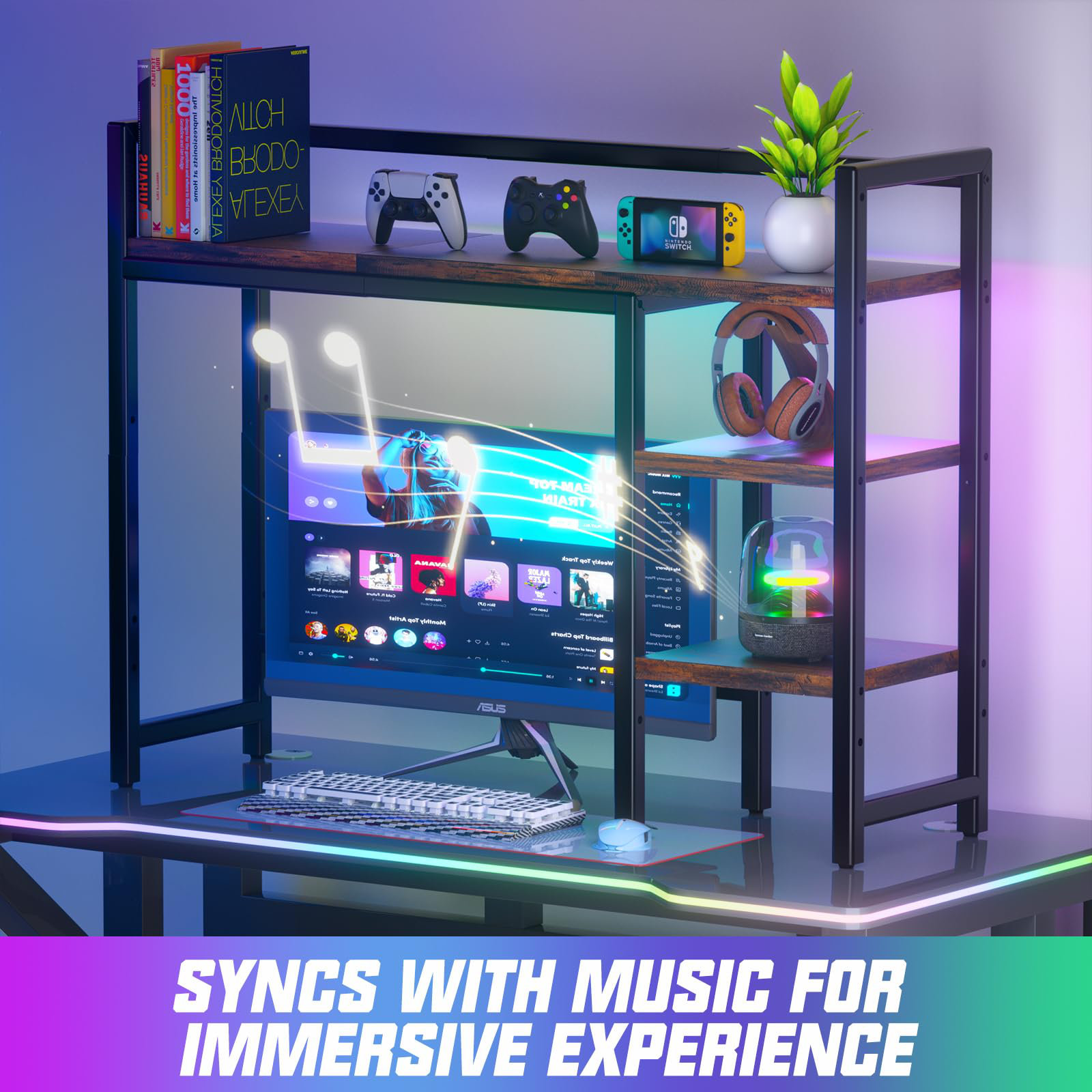 Orren Ellis Desktop Organizer Shelf, 38.5" Desk Hutch With RGB Light ...