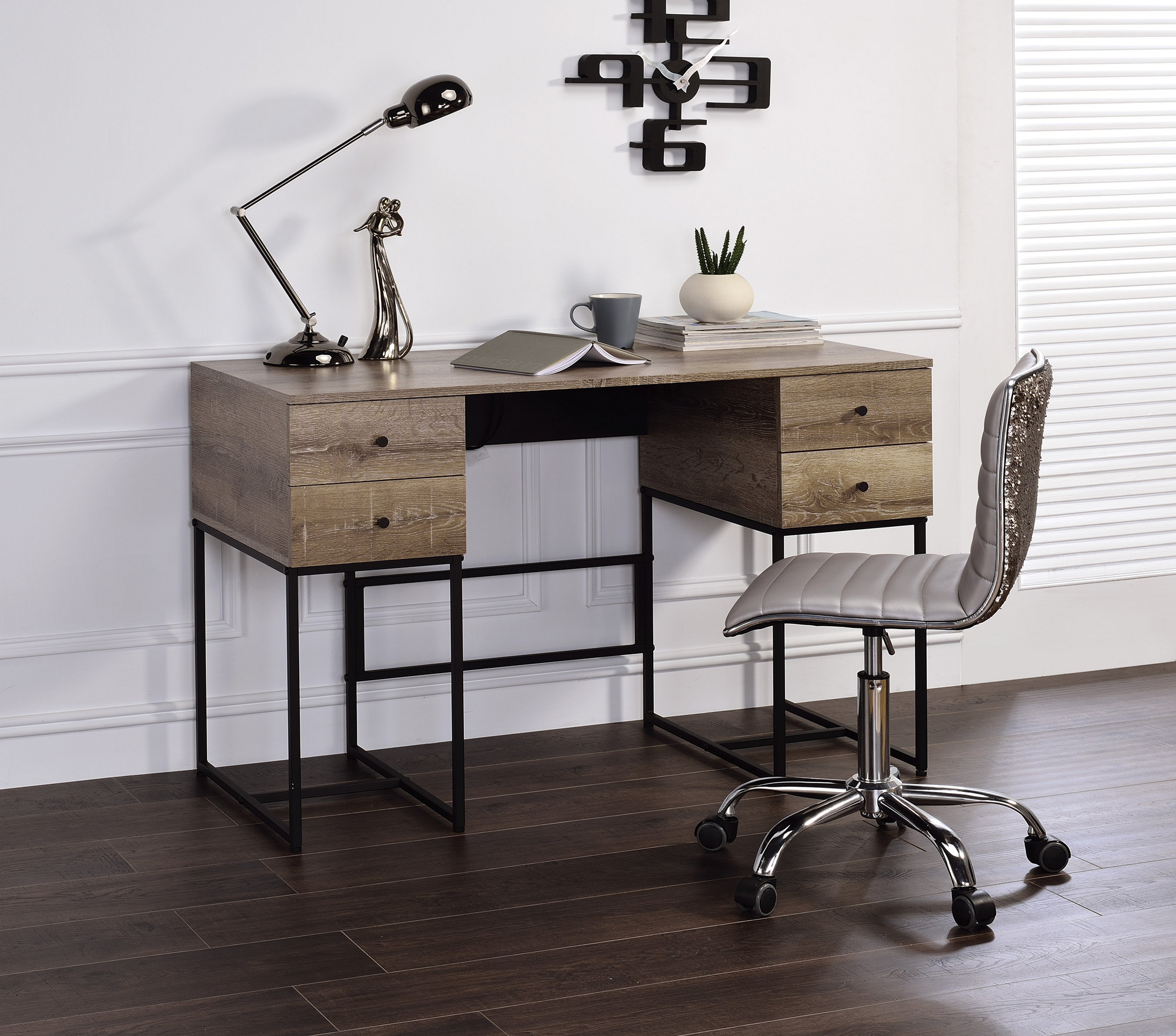 17 Stories Desirre Rustic Oak & Black Finish Wirting Desk W/ USB Port ...