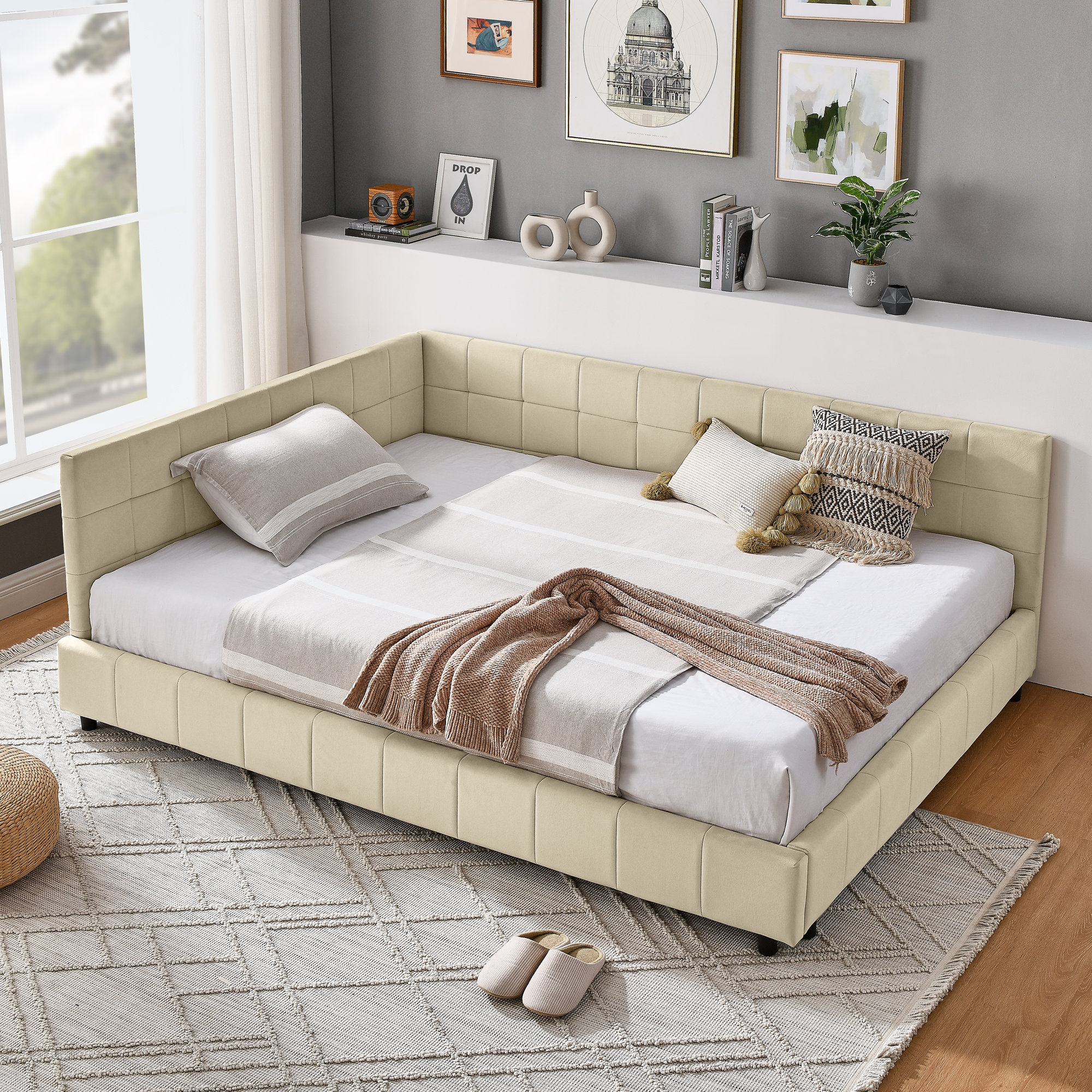 Latitude Run® Corner Bed With Grid Design, Modern Space-Saving Daybed ...