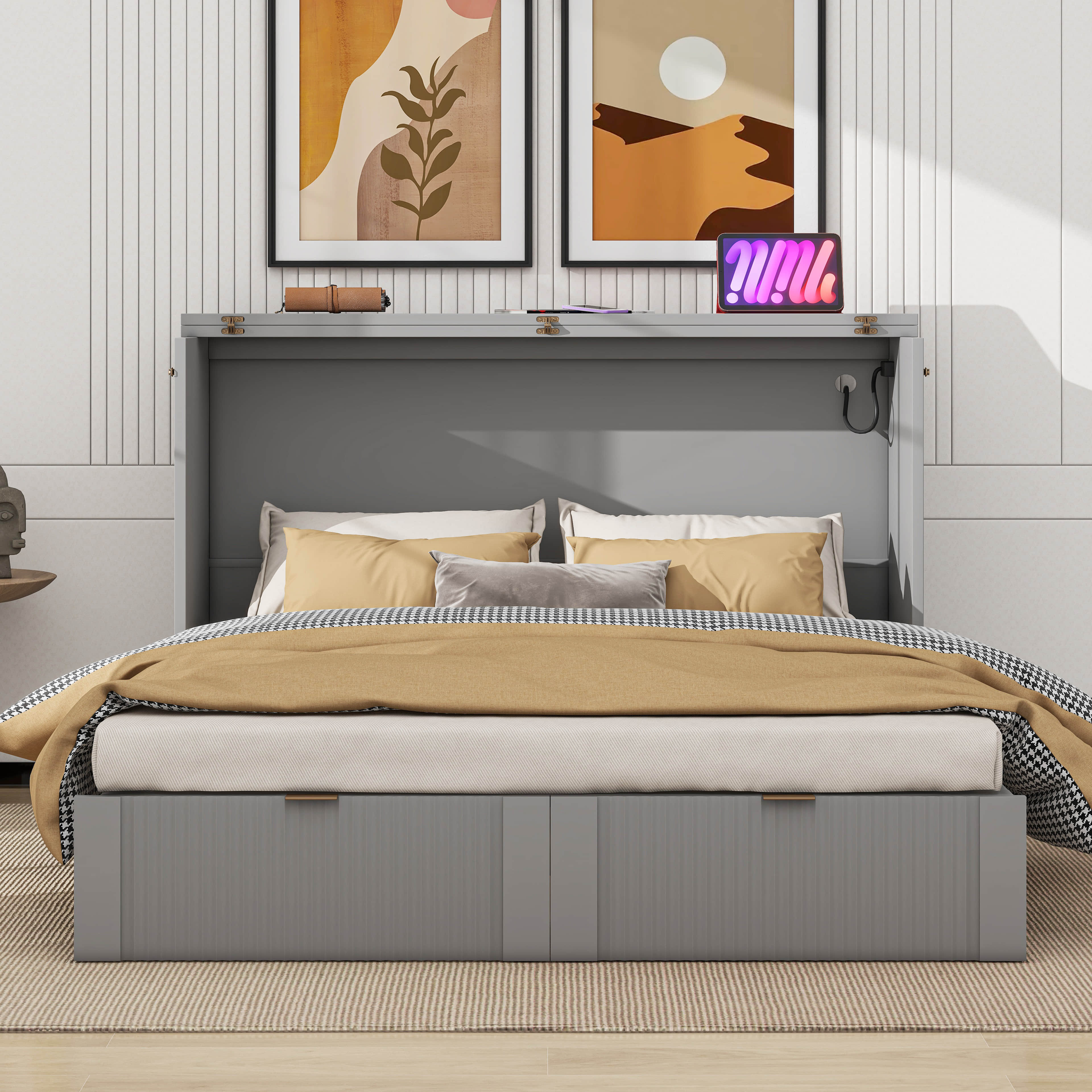 Latitude Run® Wooden Wall Bed Frame With Drawer And USB Ports Pulley ...