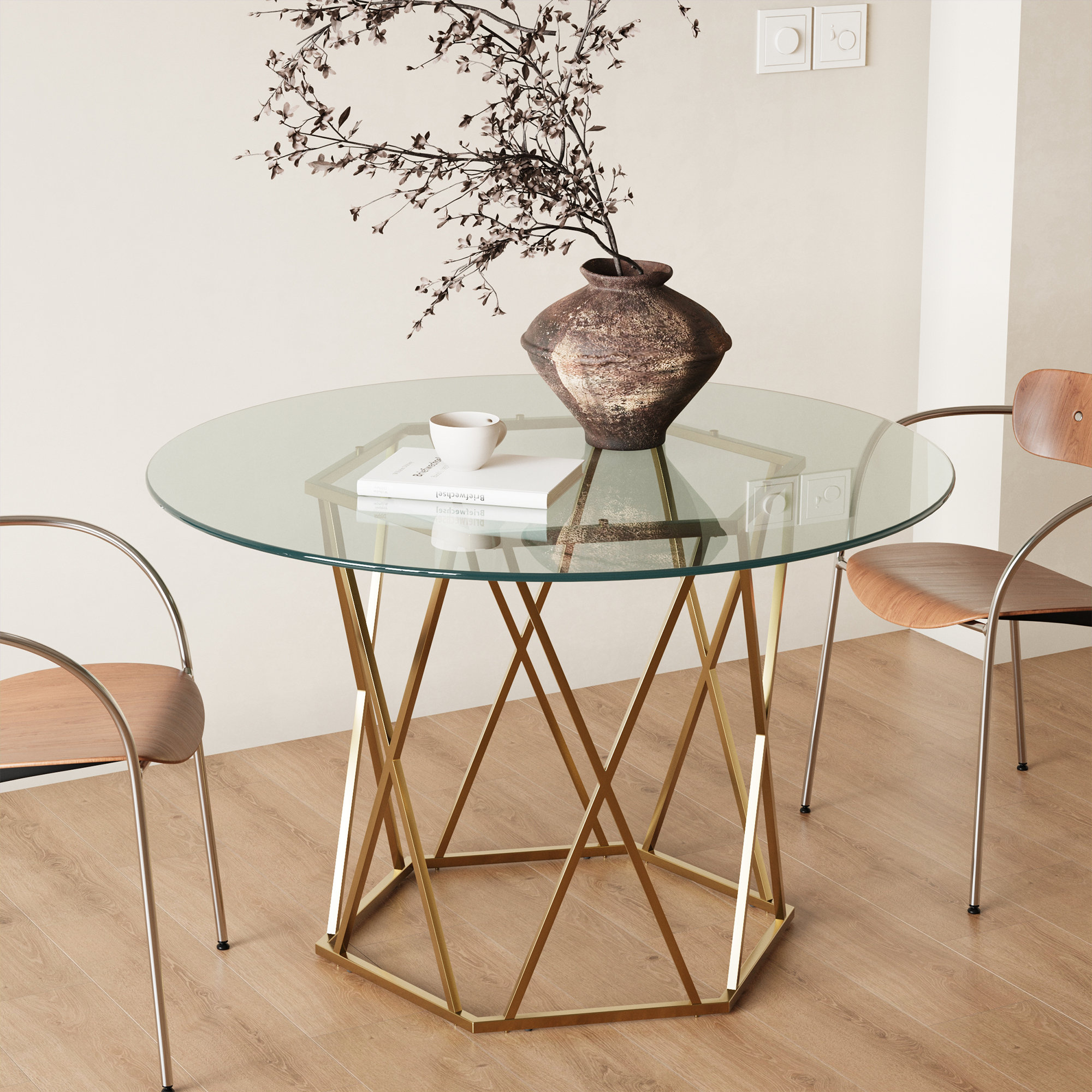 Mercer41 Kyanna 47" Round Glass Top Brushed Metal Base Dining Table ...