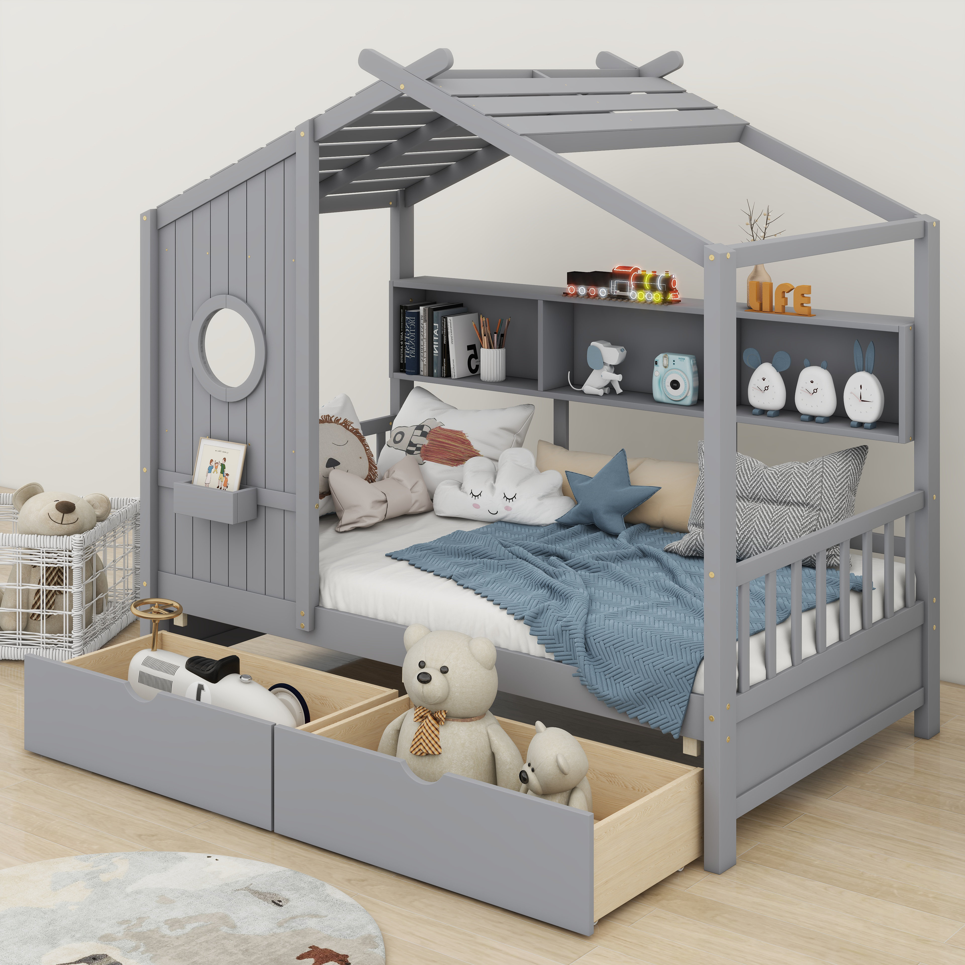 Harper Orchard Bettyann Wooden Twin Size House Bed with 2 Drawers | Wayfair