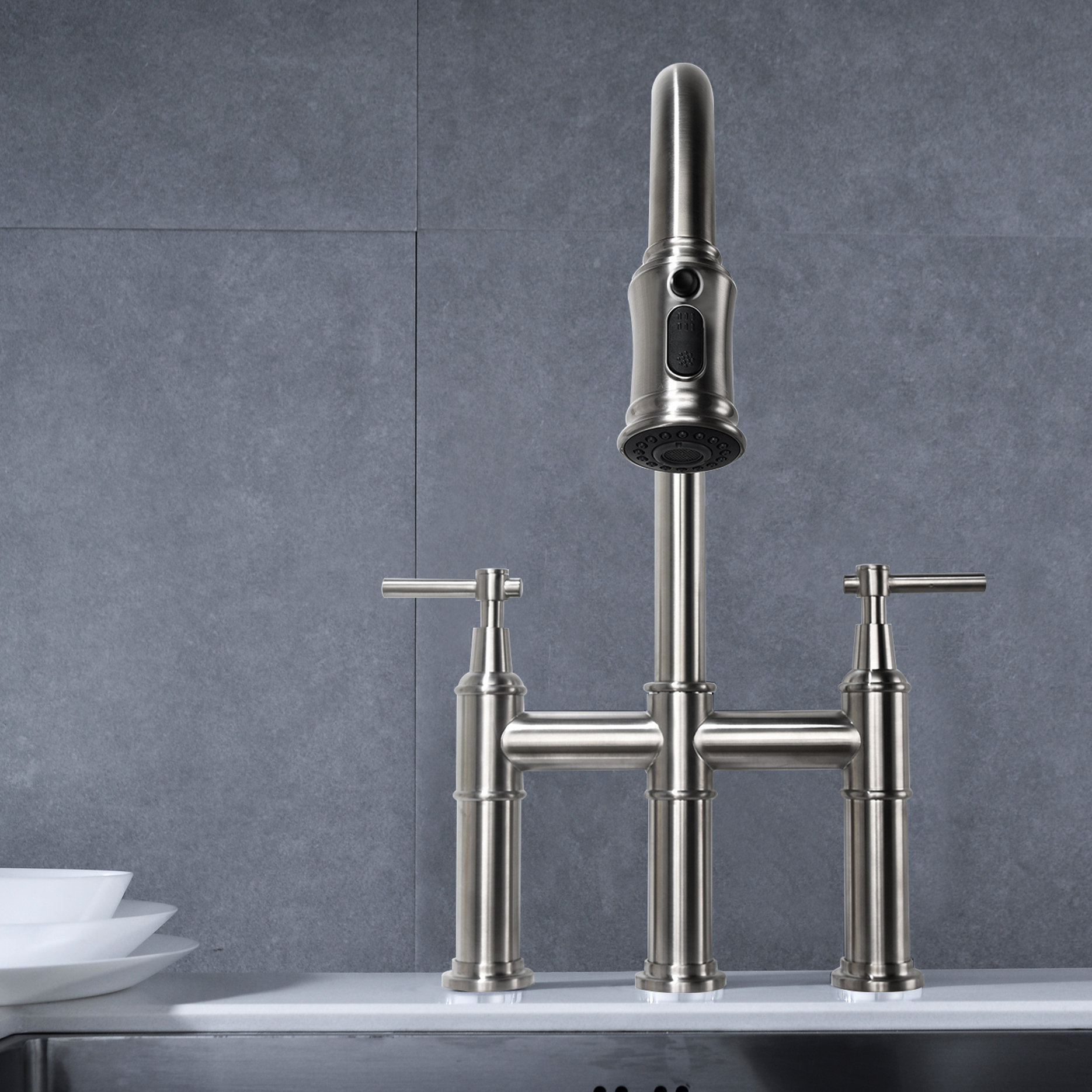 Latitude Run® Brushed Nickel Kitchen Bridge Faucet With Pull-Down ...