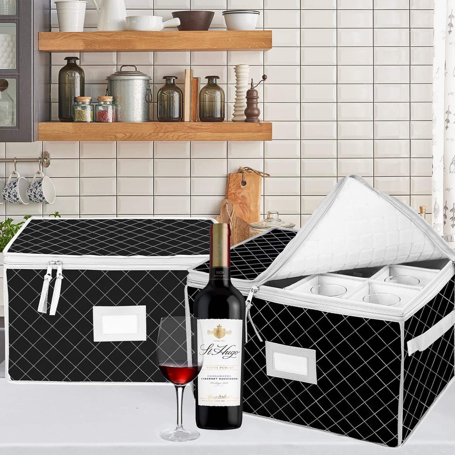 Prep & Savour Stemware Storage Cases, Quilted Glassware Storage With ...