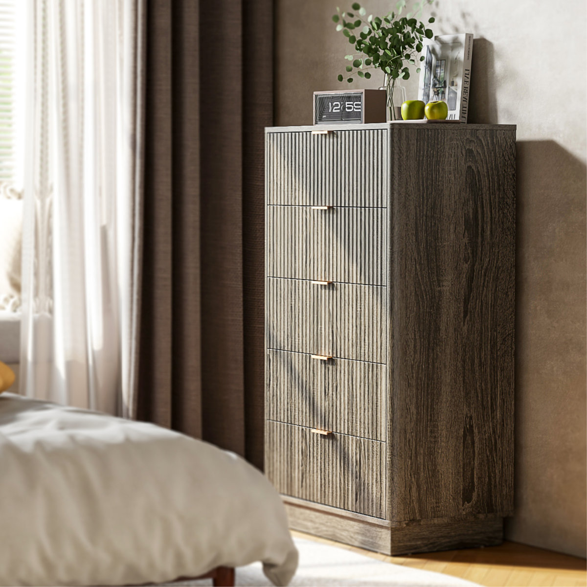 Latitude Run® Elegant Fluted 5 Drawer Dresser, Wood Dressers with Round ...