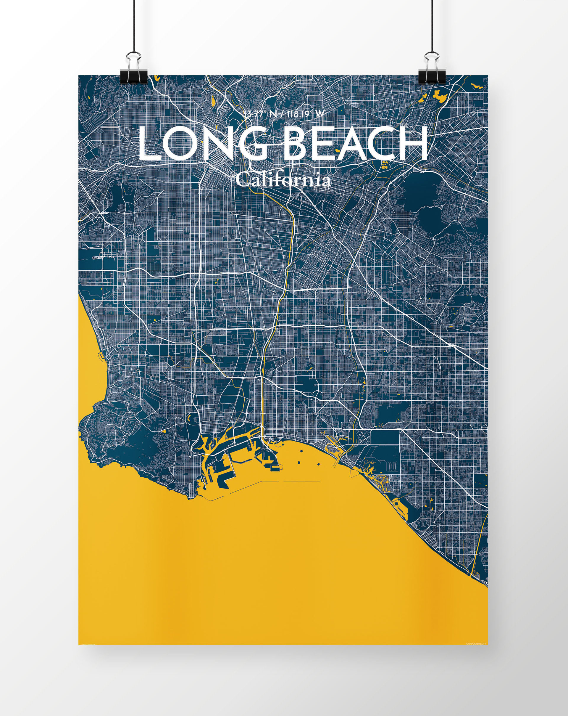 Wrought Studio™ 'Long Beach City Map' Graphic Art Print Poster in Blue ...
