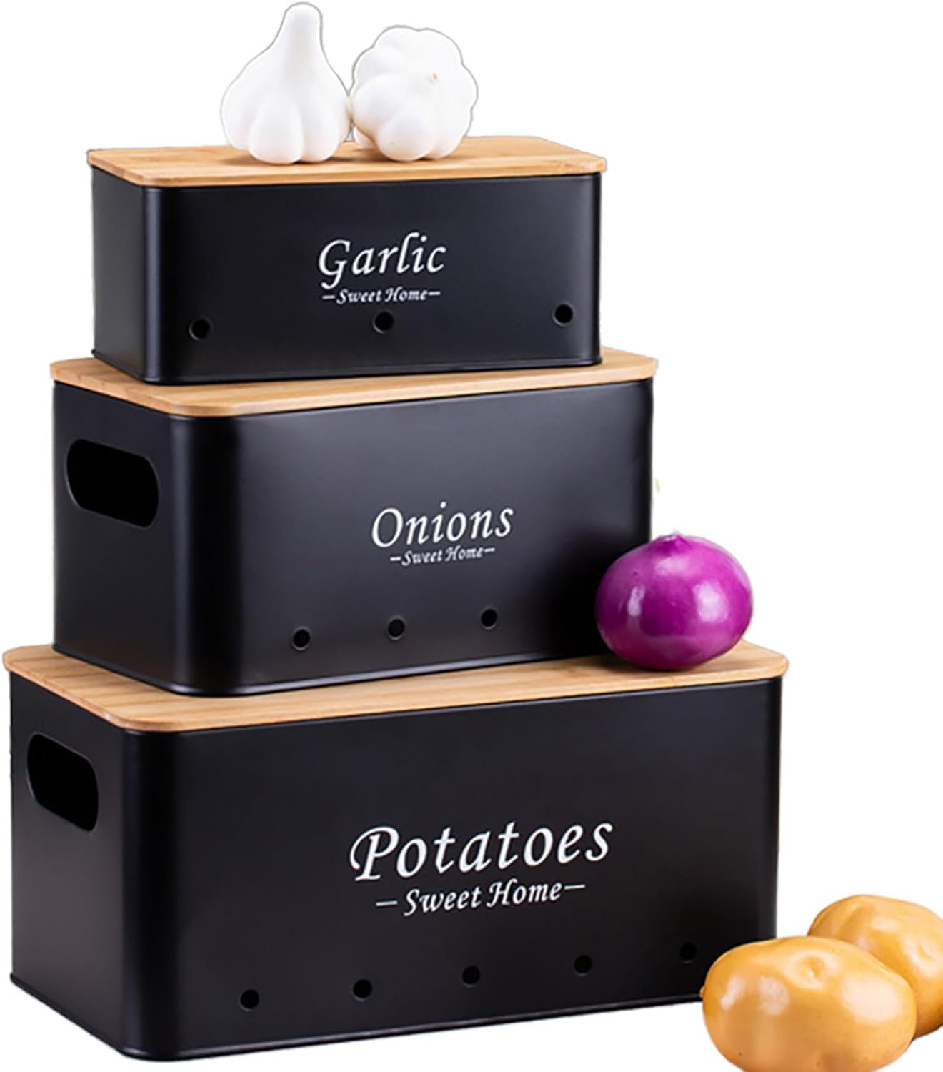 Prep & Savour Kitchen Vegetable Storage Tins Set Of 3, Potato Onion ...