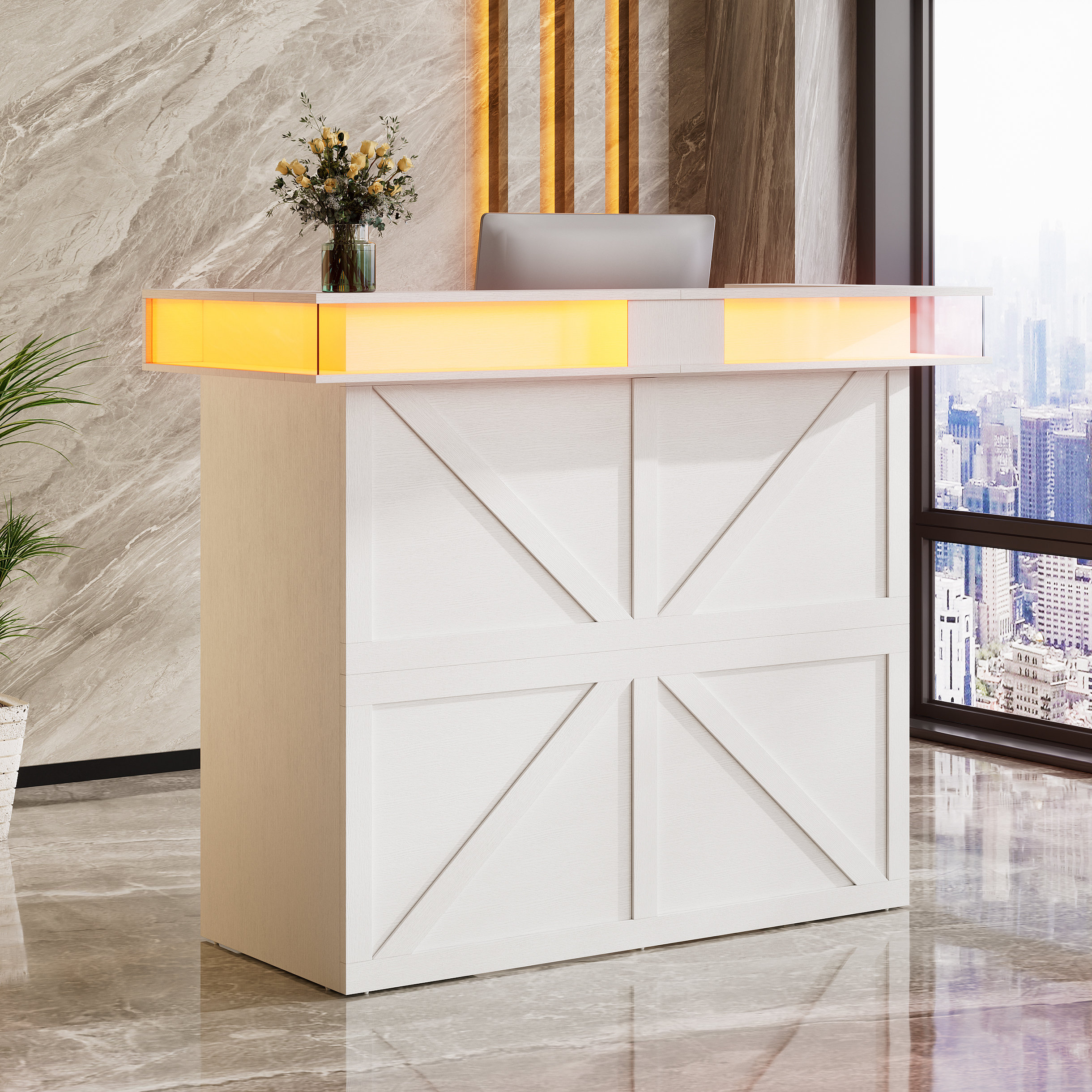 HTOCINQ Modern Reception Desk With Led Lighting Glass Display Area ...