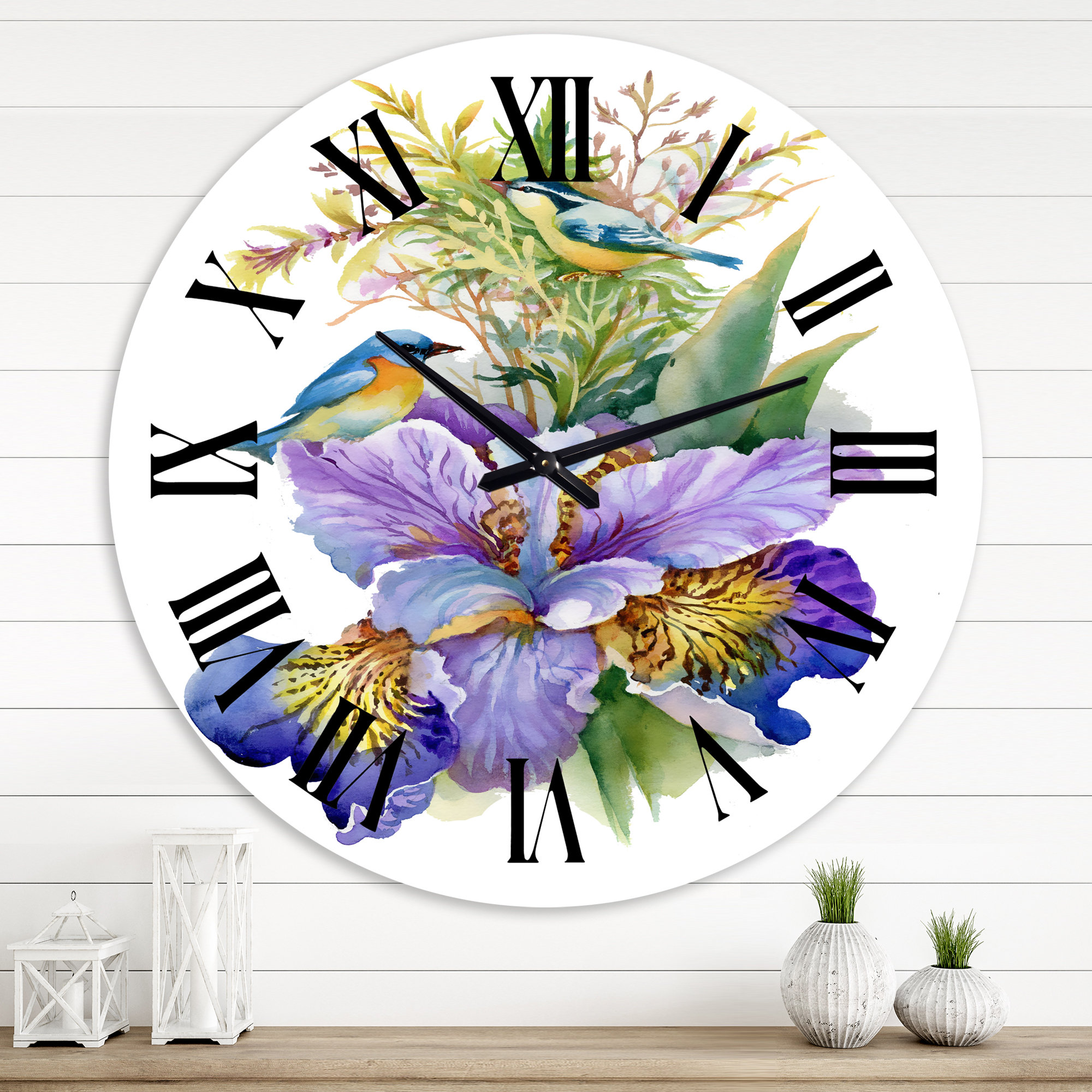 East Urban Home Purple Iris With Birds - Traditional wall clock | Wayfair