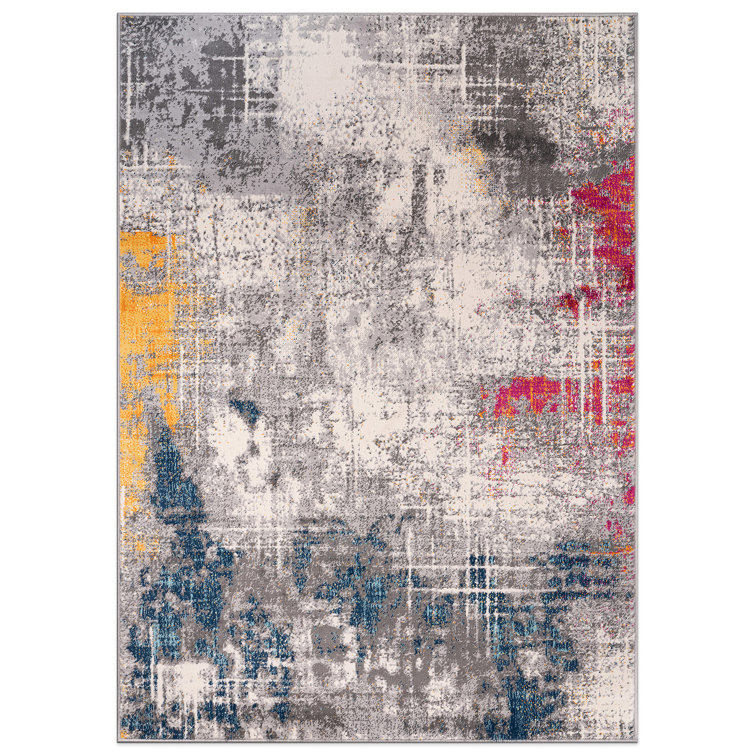 17 Stories Raglen Abstract Performance Blue/Gray/Yellow Multi Rug ...