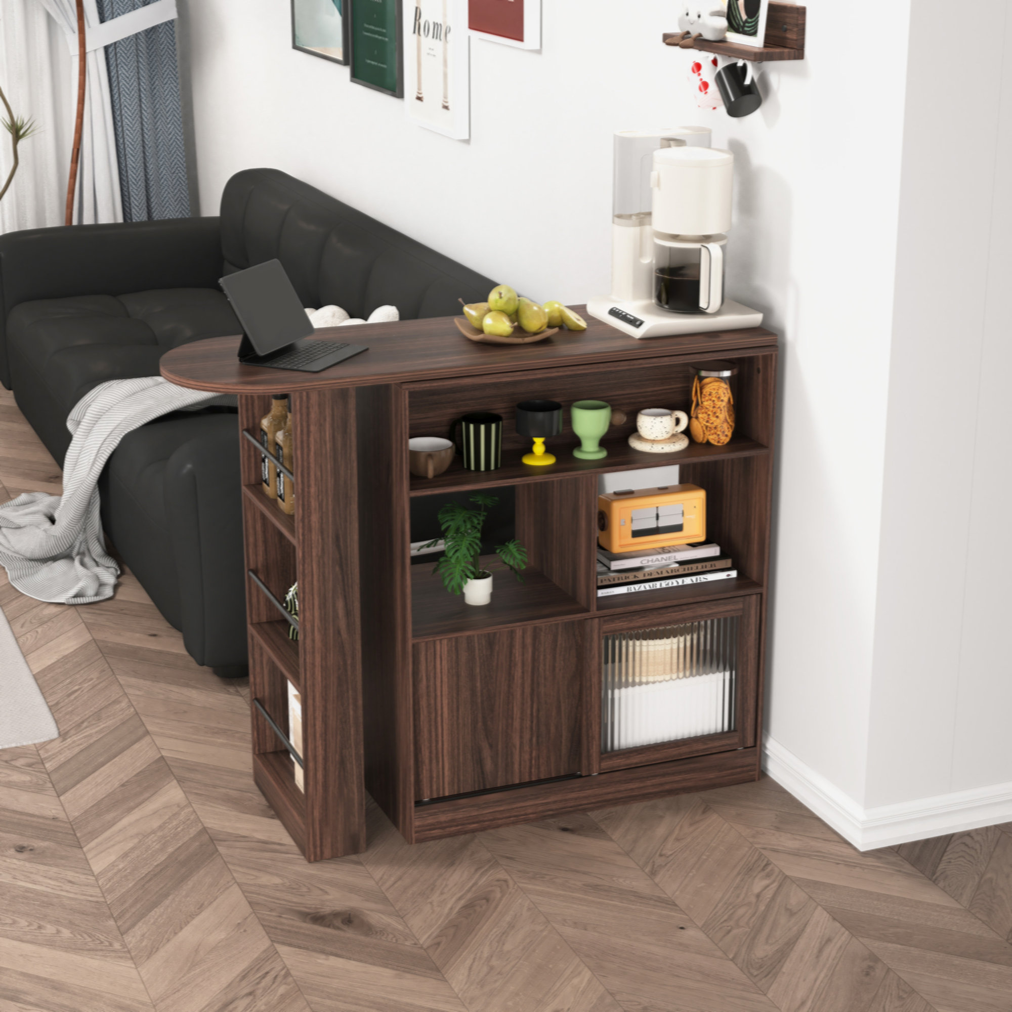 Latitude Run® Modern Bar Cabinet With Rotating Top And 3 Storage ...