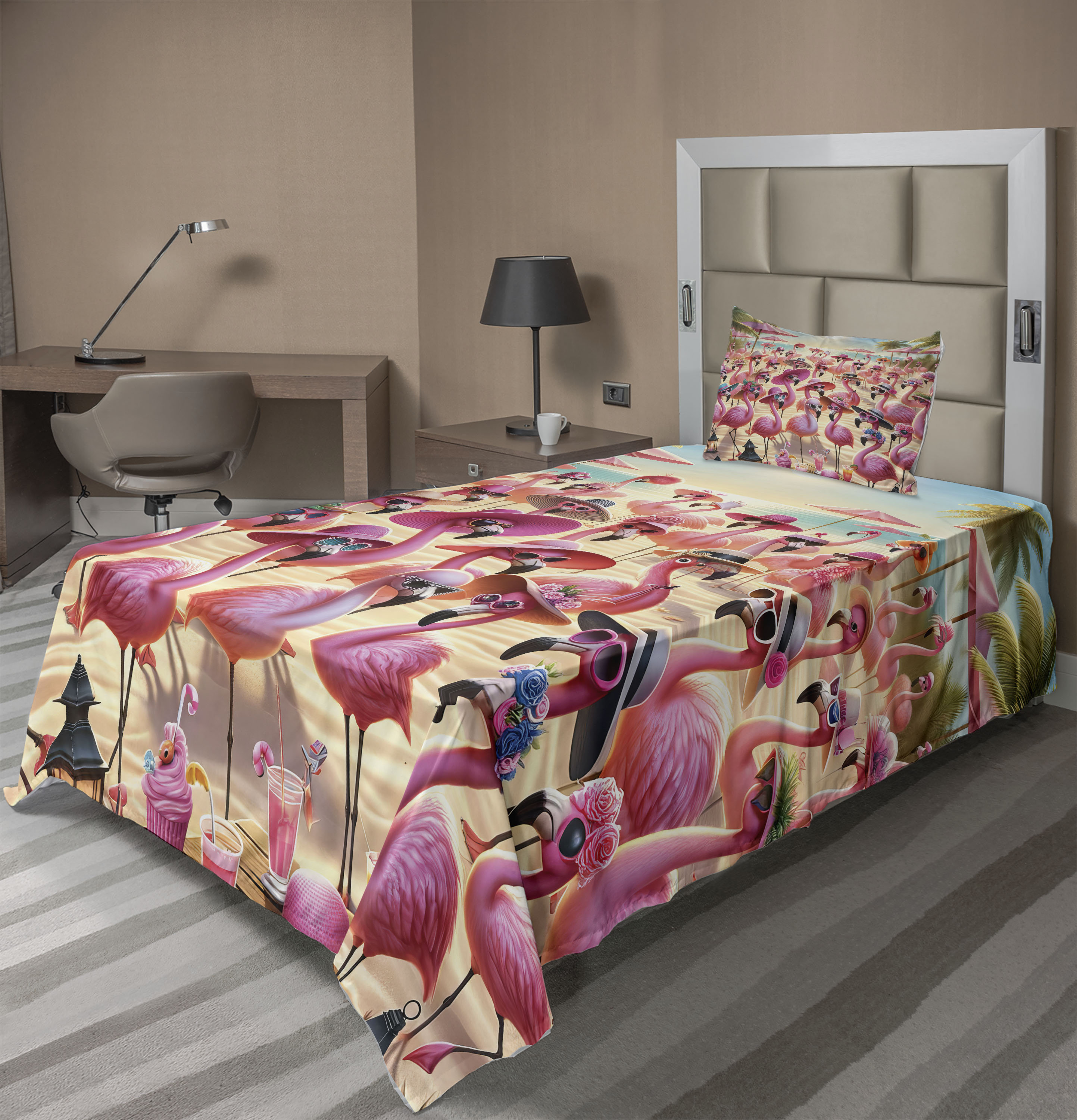 Ambesonne Flamingo Sheet Set Tropical Birds Funny Beach Pink Beige and ...