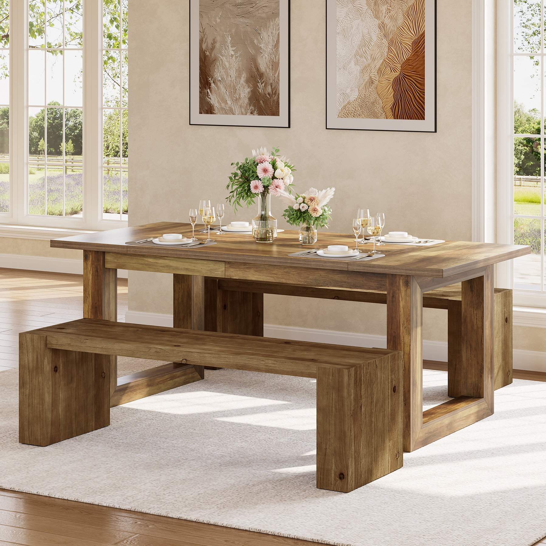 Millwood Pines Solid Wood Dining Bench, 59" Long Indoor Kitchen Table ...