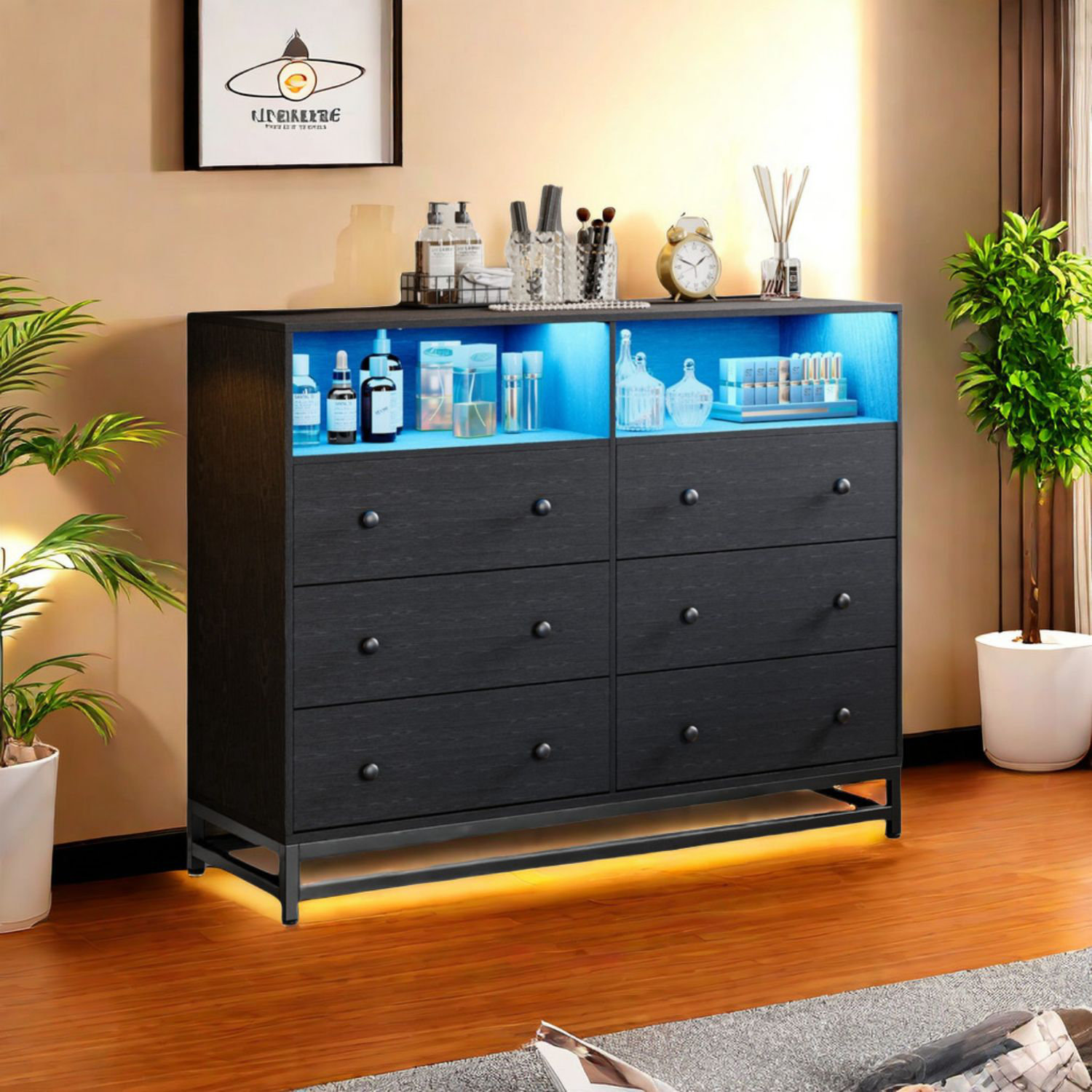 Ebern Designs 6 Drawer Dresser With Led Lights, Storage Cabinet ...