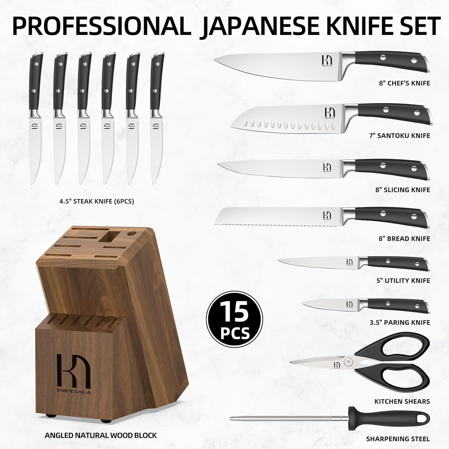 Knifesaga Knife Set 15 Pcs Japanese High Carbon Stainless Steel Kitchen ...