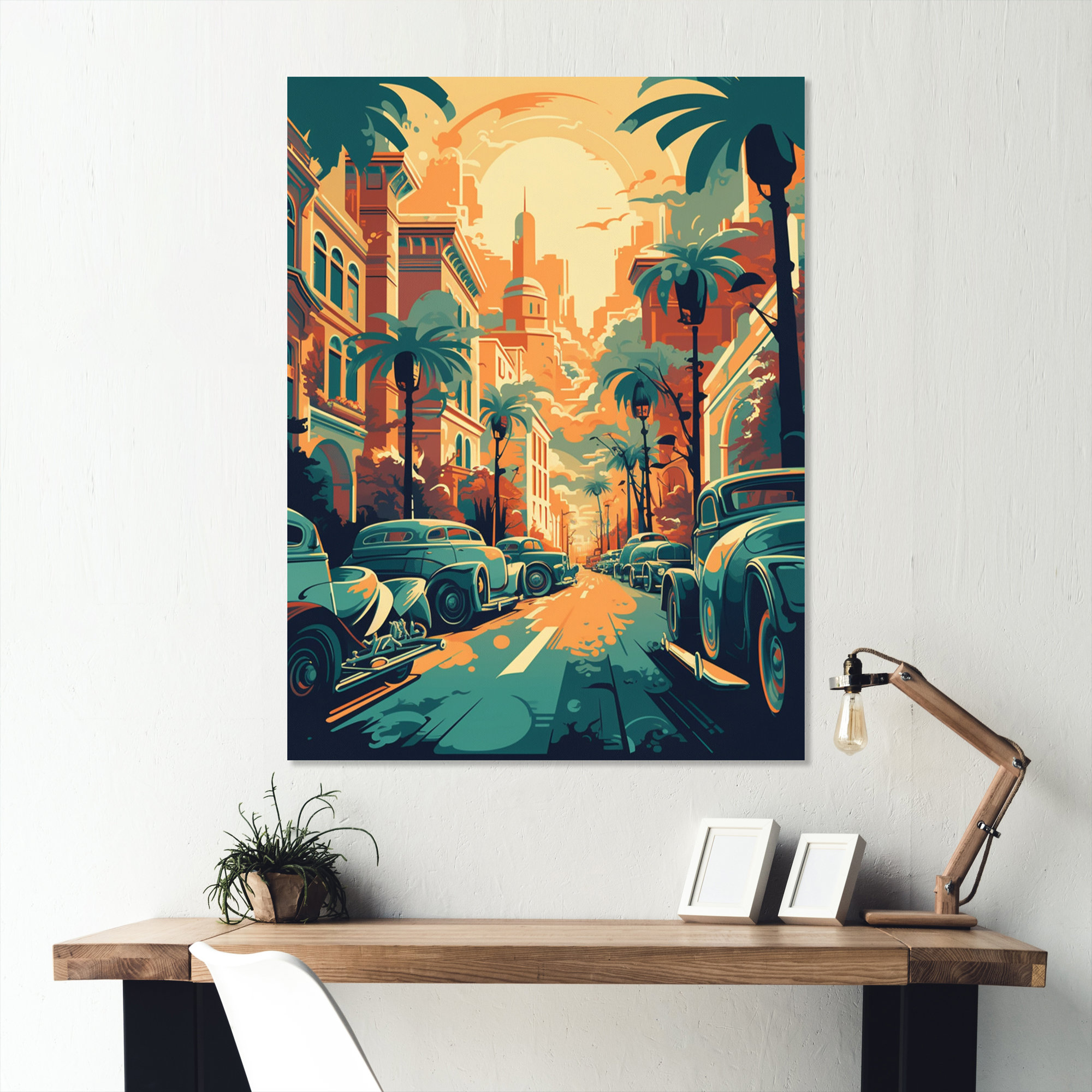 Red Barrel Studio® Blue and Orange Parked Vintage Cars - City Art Deco ...