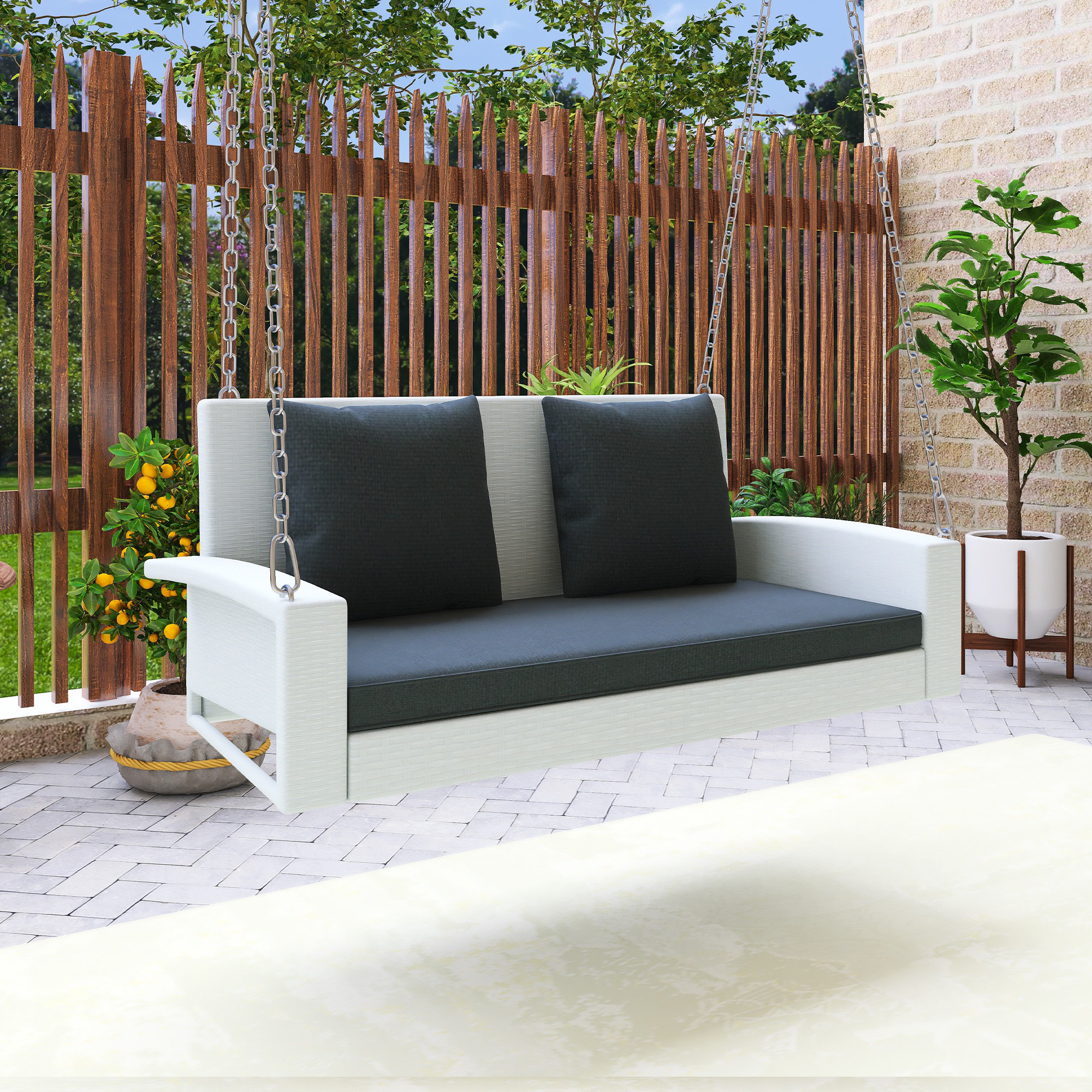 Winston Porter 2-Seat Wicker Hanging Porch Swing With Cushion, Pillows | Wayfair