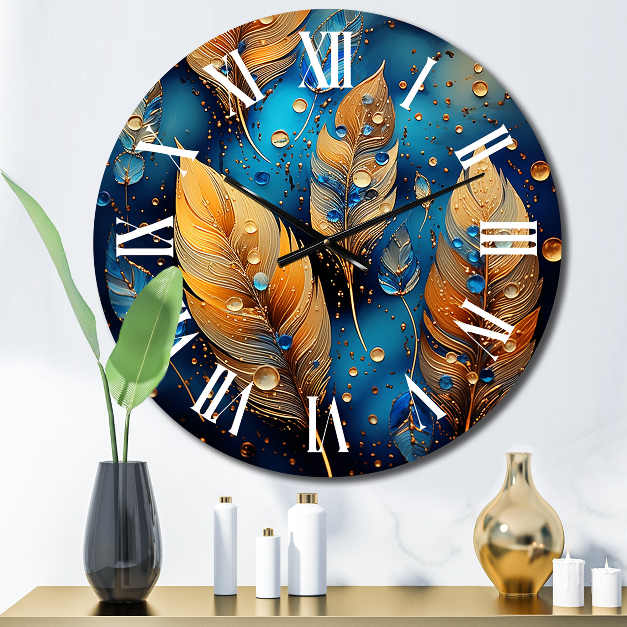 DesignArt Boho Glam Gold Feathres On Cosmic Blue Metal Wall Clock | Wayfair