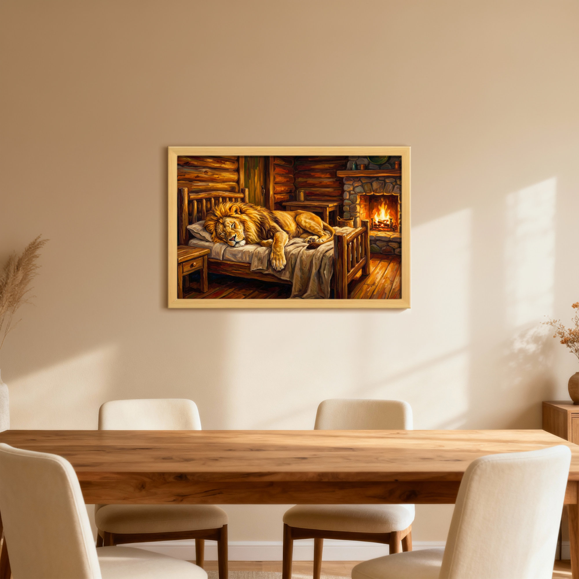 Union Rustic Animals Lion Sleeping On Bed In Cabin With Fireplace | Wayfair