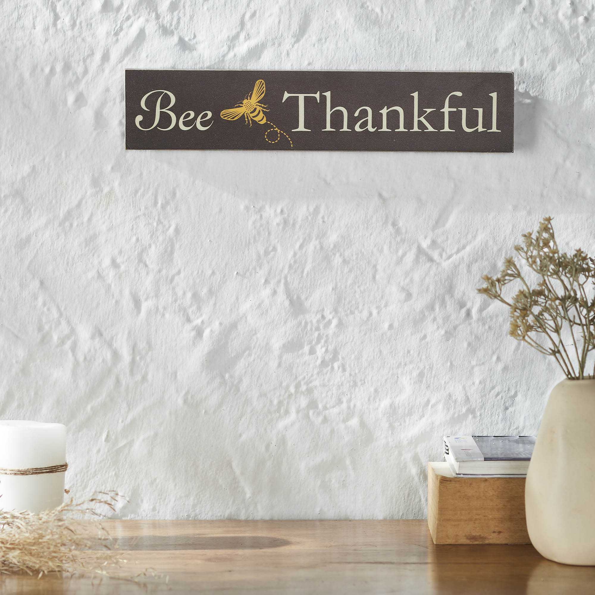 VHC Brands Buzzy Bees Bee Thankful Grey MDF Wall Sign 3x14x0.75 | Wayfair