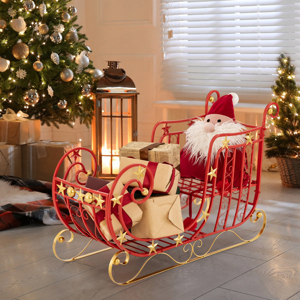 The Holiday Aisle® Christmas Metal Sleigh Large Red Santa Sleigh ...