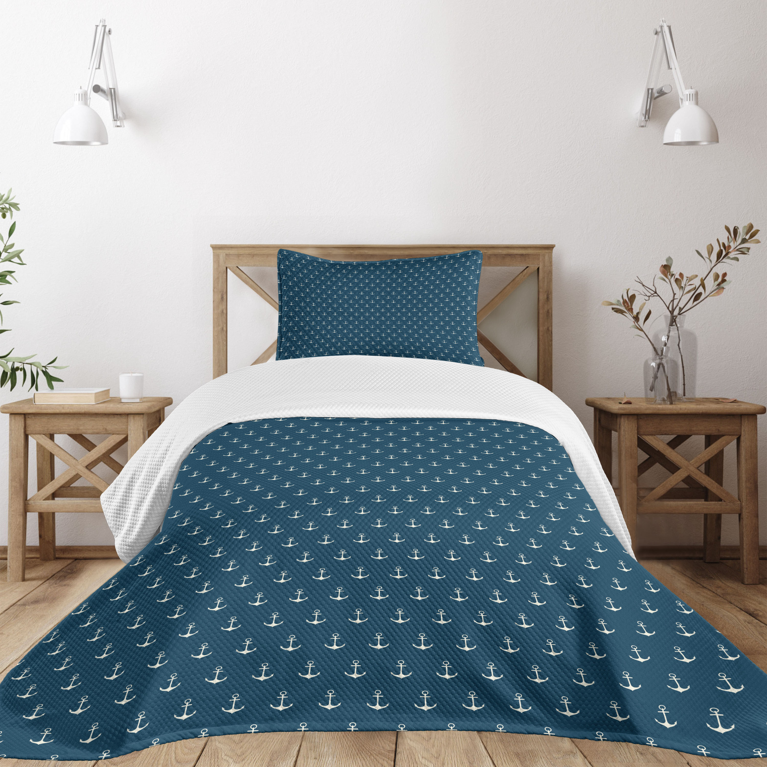 Ambesonne Anchor Bedspread Set 2 Pcs Nautical Simple Classic Twin Blue ...