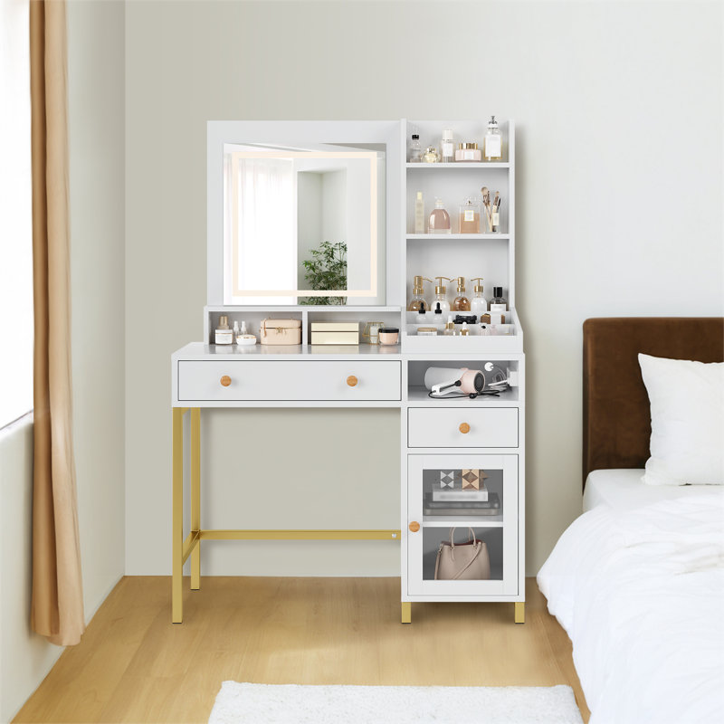 Mercer41 Modern White Dressing Table With Led Large Mirror | Wayfair