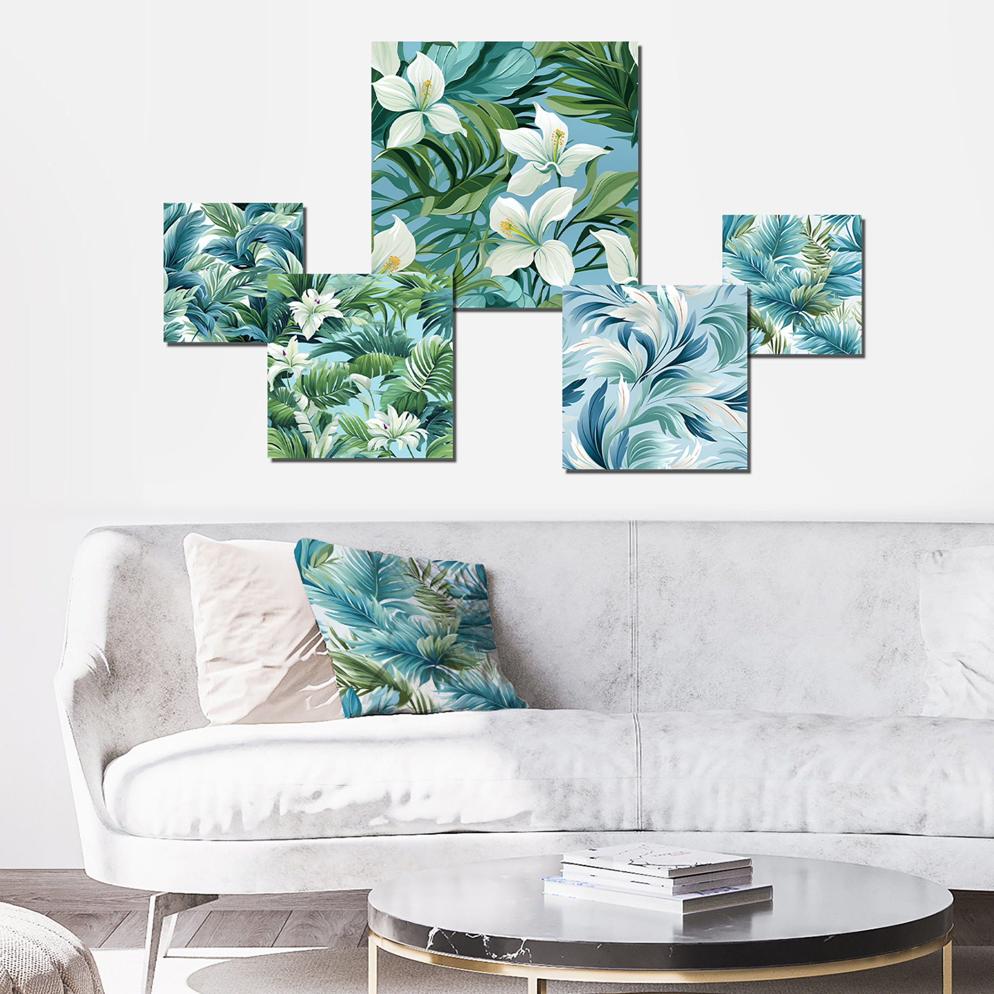 Design Art Azure Breeze Tropical Pattern - Floral Wall Art Set Of 5 ...