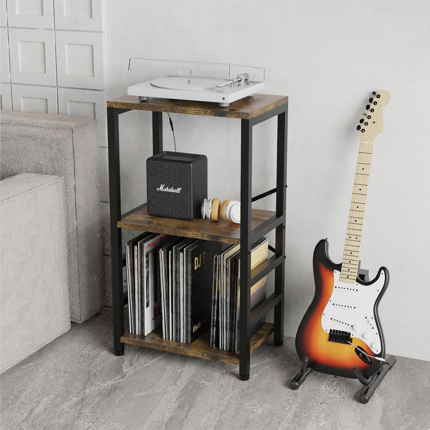 17 Stories End Table With LED Light,Record Player Stand With Albums ...