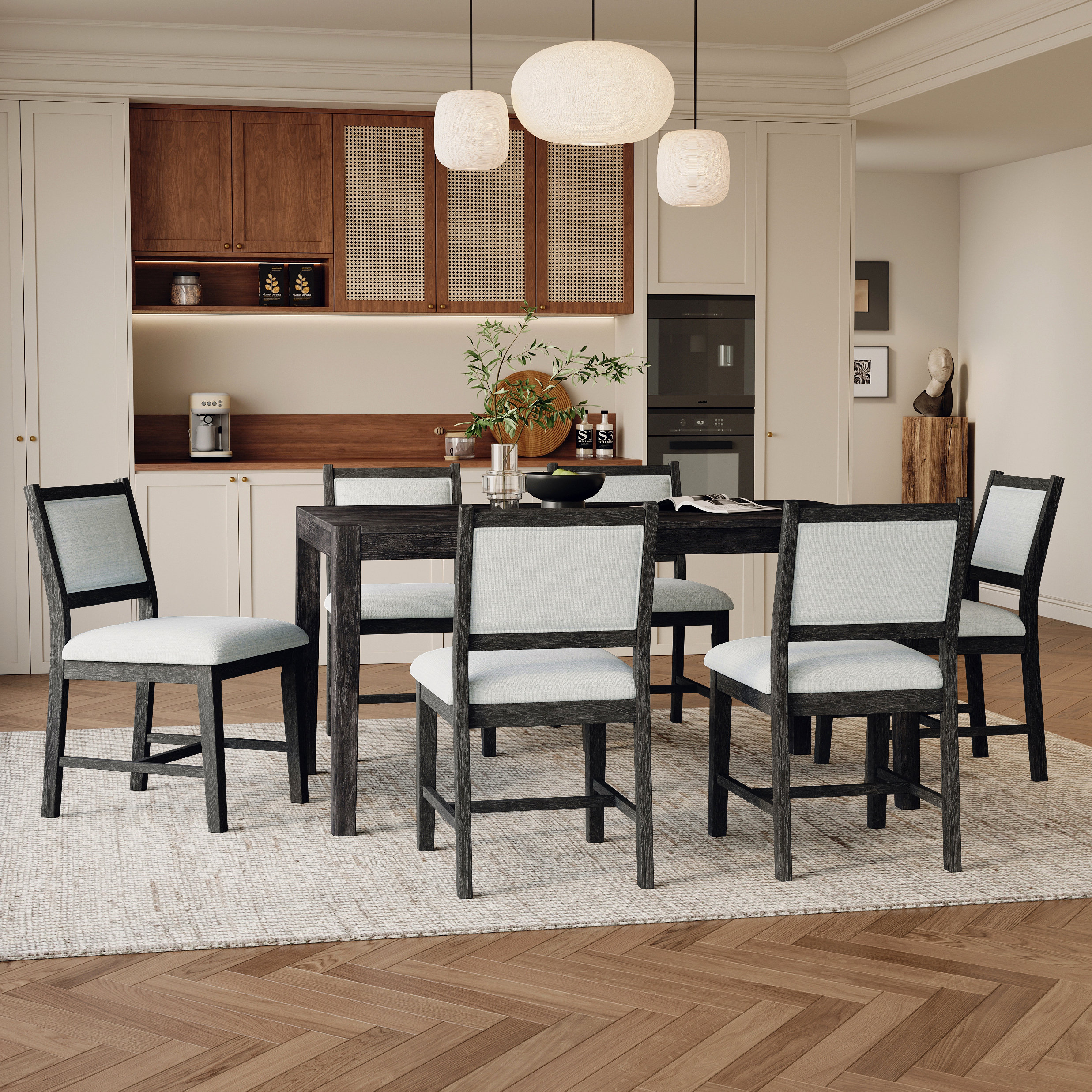 George Oliver 7-Piece Retro Dining Table Set For 6, 1 Rectangular Wood ...
