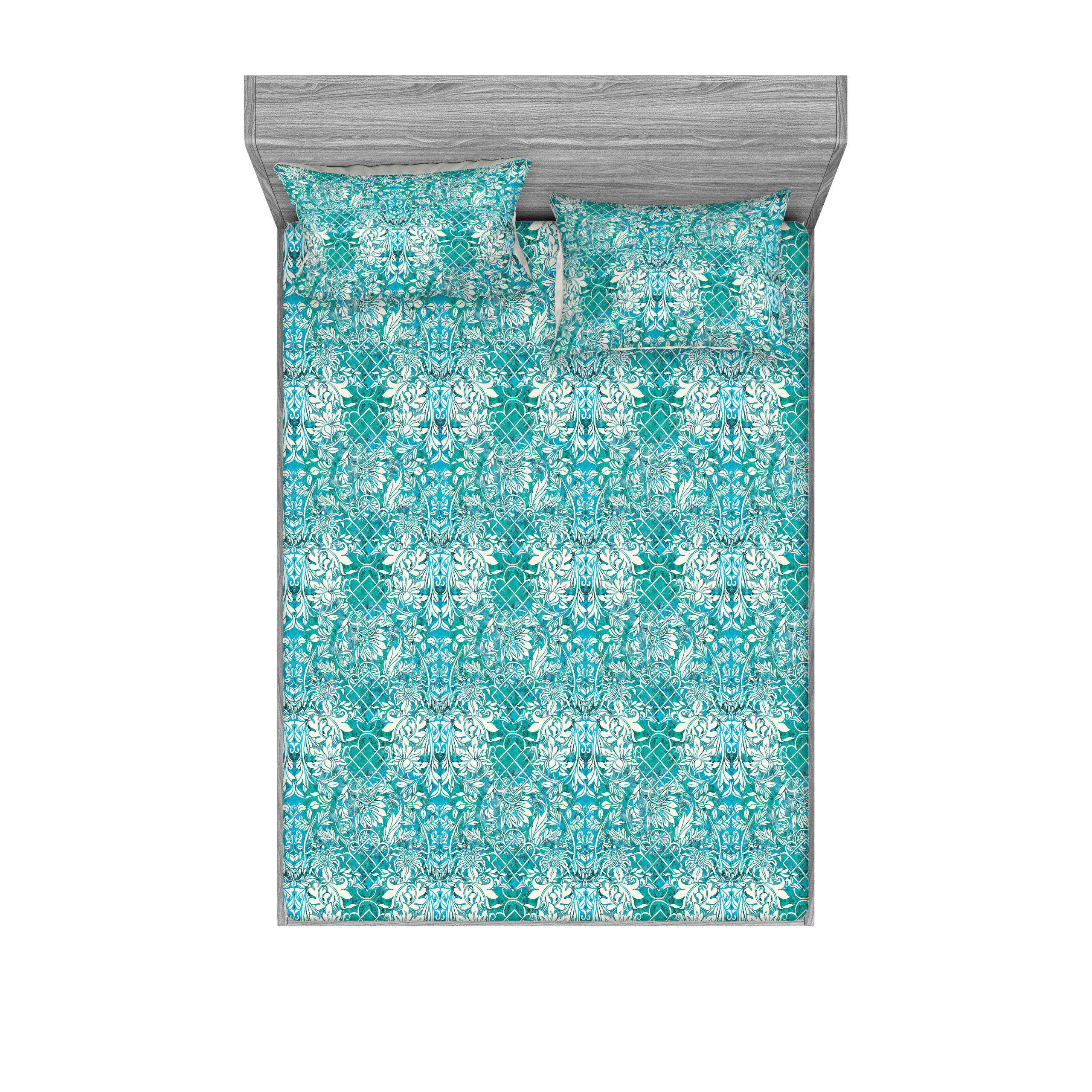 Ambesonne Fitted Sheet & Shams Folk Pattern Leafy Branches Sky Blue Ivory Teal | Wayfair