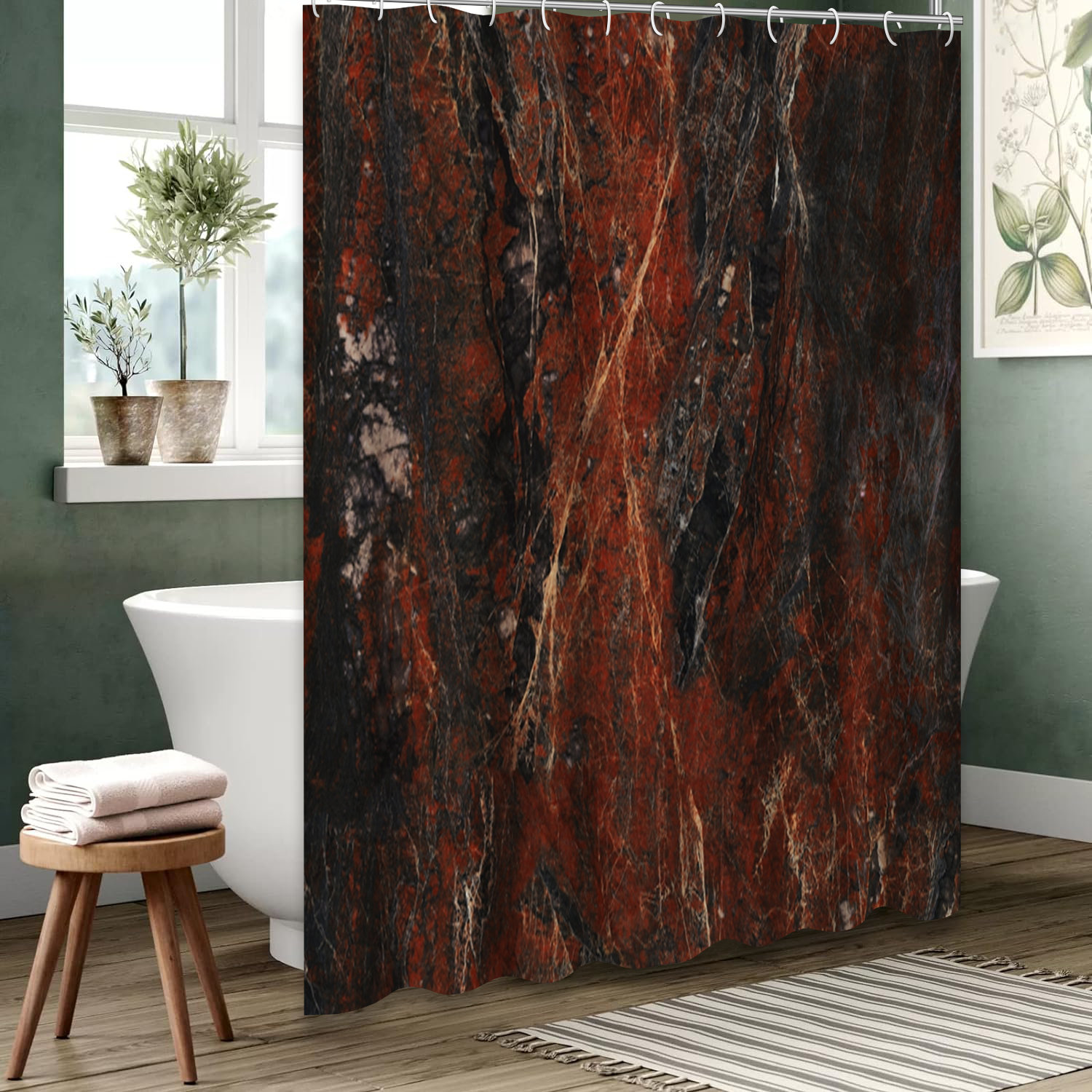 East Urban Home Red Marble Shower Curtain, 72 in, 12 Hooks, Beautiful Red Natural Stone Decor ...