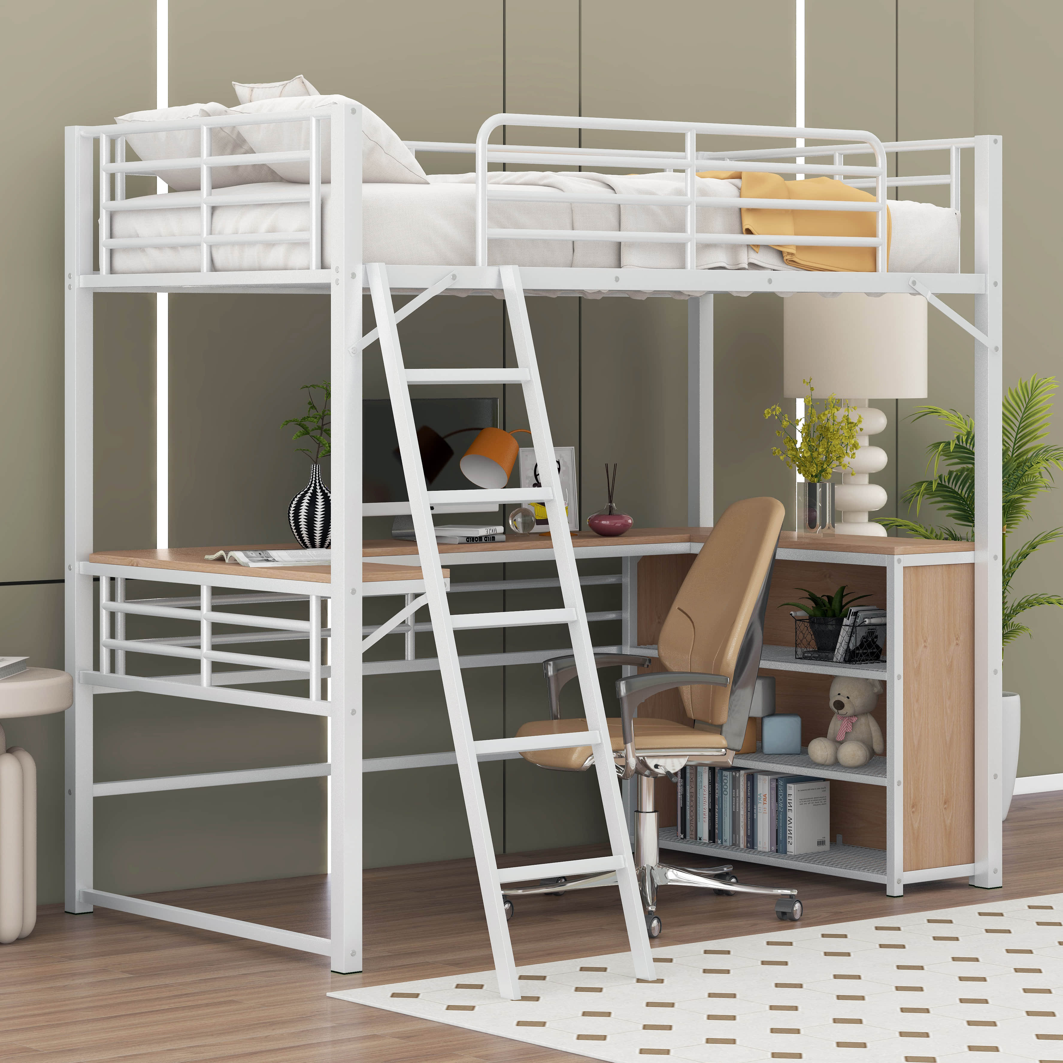 Mason & Marbles Adwolf Metal Loft Bed with 3 Layers of Shelves and L ...