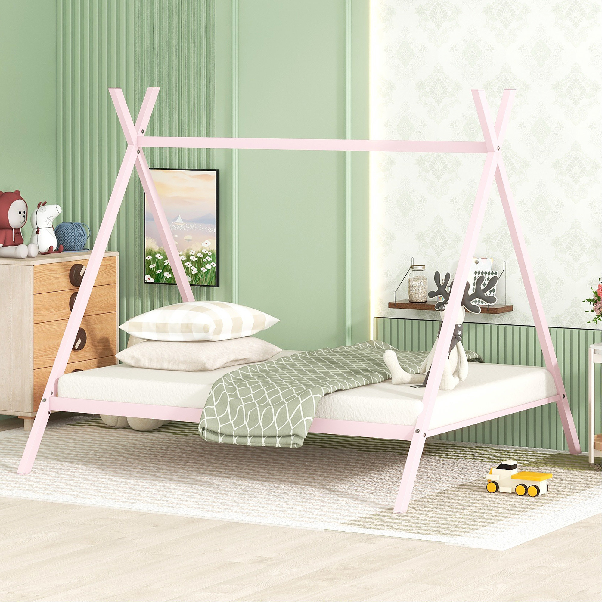 Harper Orchard Exquisite Metal Floor Play House Bed With Slat For Kids ...