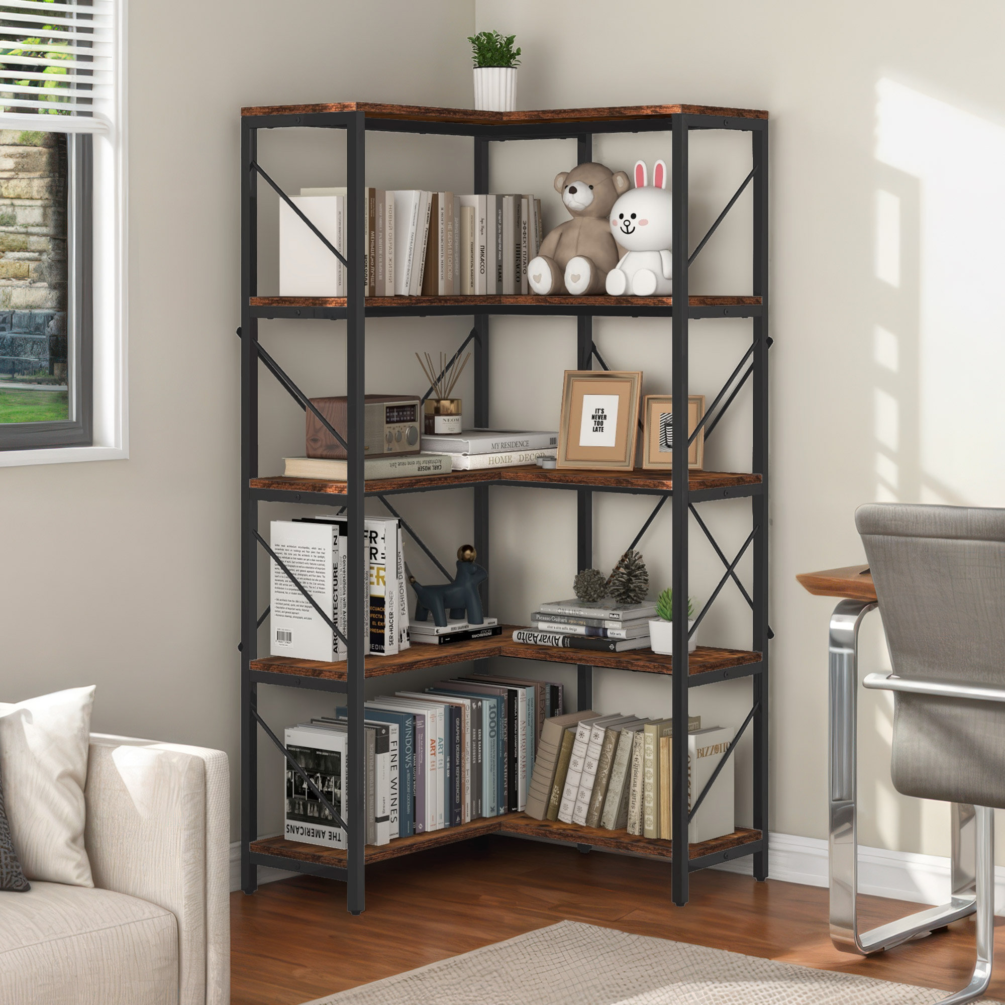 Ebern Designs Sukanya 5 Tier Corner Bookcase, Large Display Rack ...
