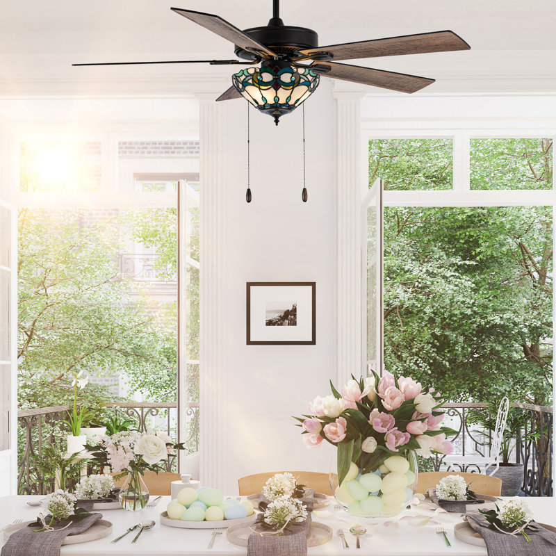 Astoria Grand 52"W Khat 5-Blade Remote-Controlled Stained Glass Ceiling ...