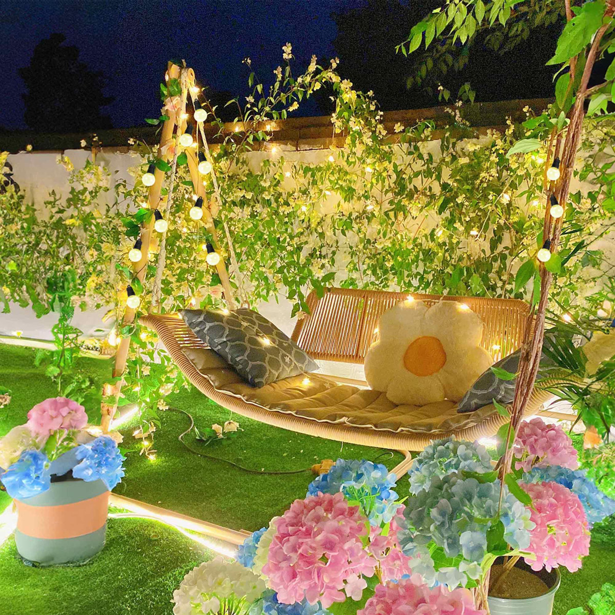 Purple Leaf 2 Seat Cloud Swing Chair with 12 LED String Lights and ...