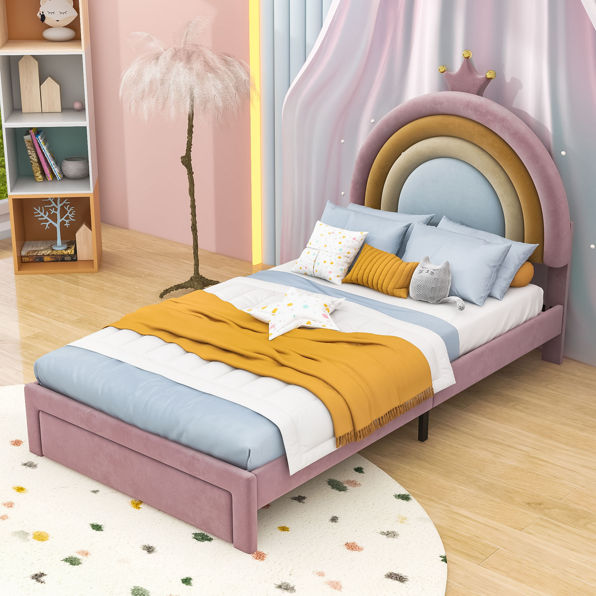 Gemma Violet Velvet Upholstered Platform Bed with Rainbow Design ...
