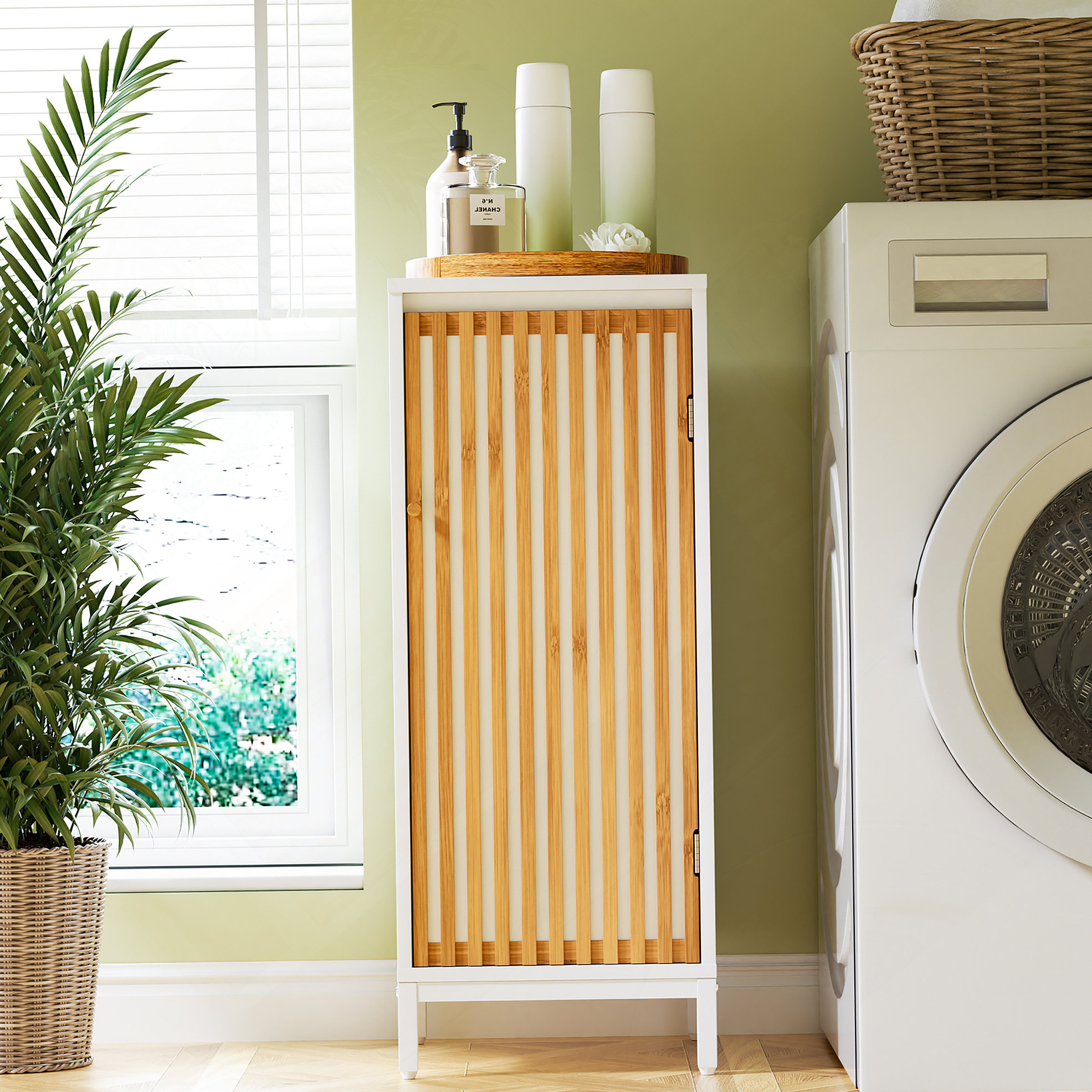 Latitude Run® Living Room Side Cabinet with Bamboo Slats Door - Natural ...