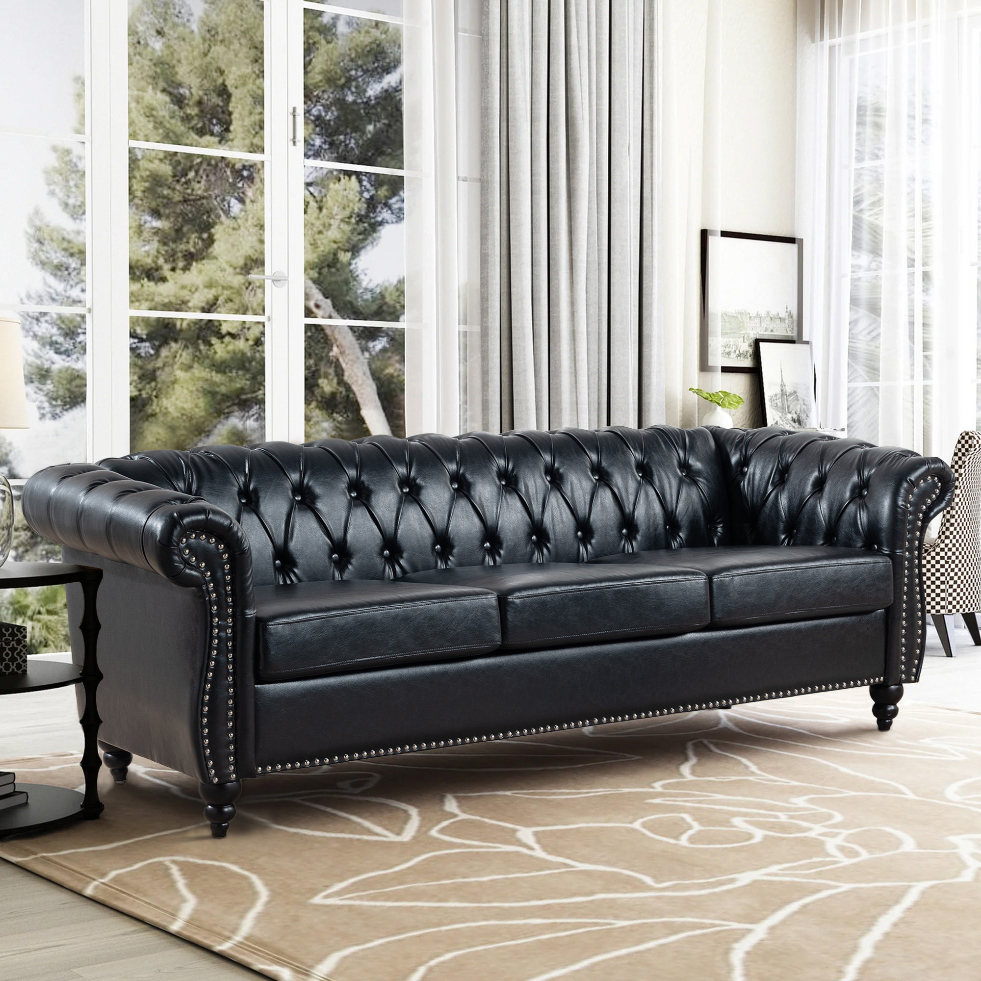 Charlton Home Aniaya 84'' Wide Faux Leather Sofa Button Tufted ...