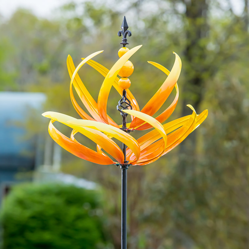Freeport Park® Hugley 91"H Yellow Lotus Kinetic Wind Spinner Garden ...