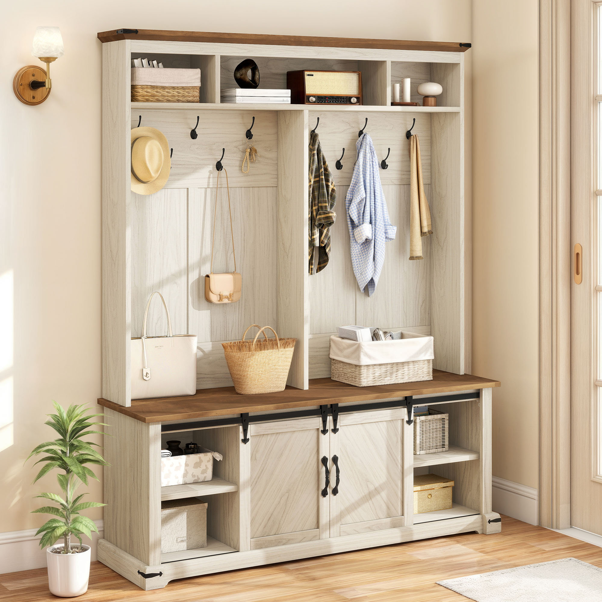 Gracie Oaks Farmhouse Entryway Entrance Organizer Hall Tree With Bench ...