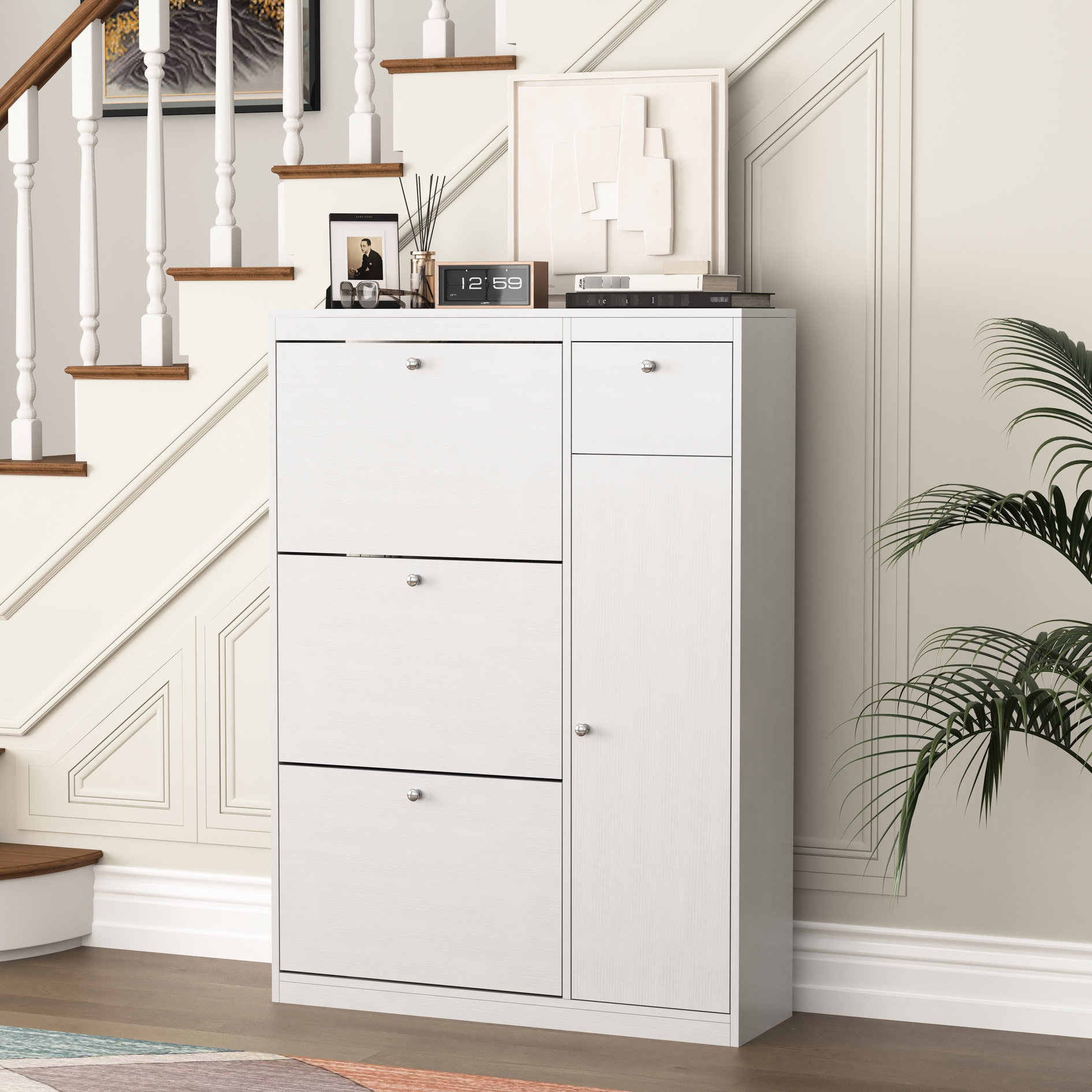 Ebern Designs Modern White Shoe Drawer With 3 Flip Compartments ...