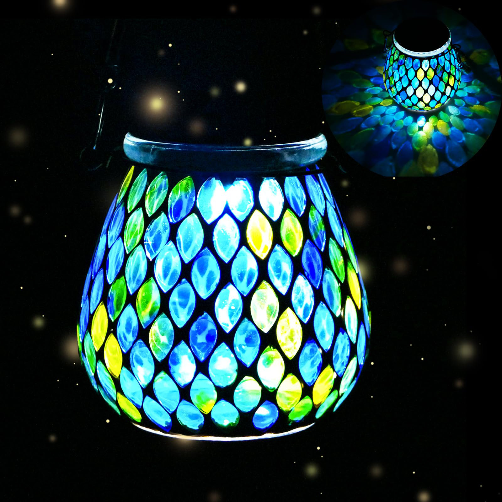 TULGIX Mosaic Blue Solar Lanterns, Outdoor Glass Hanging Lights ...