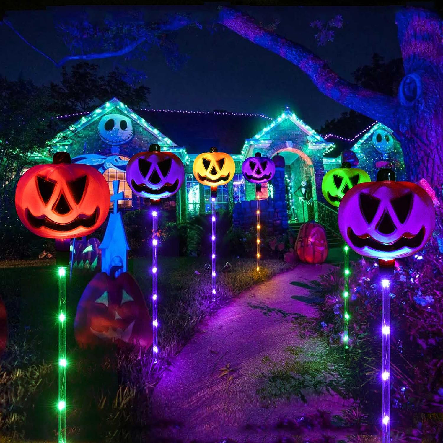 The Holiday Aisle® Set Of 6 Solar Pumpkin Pathway Lights For Halloween ...