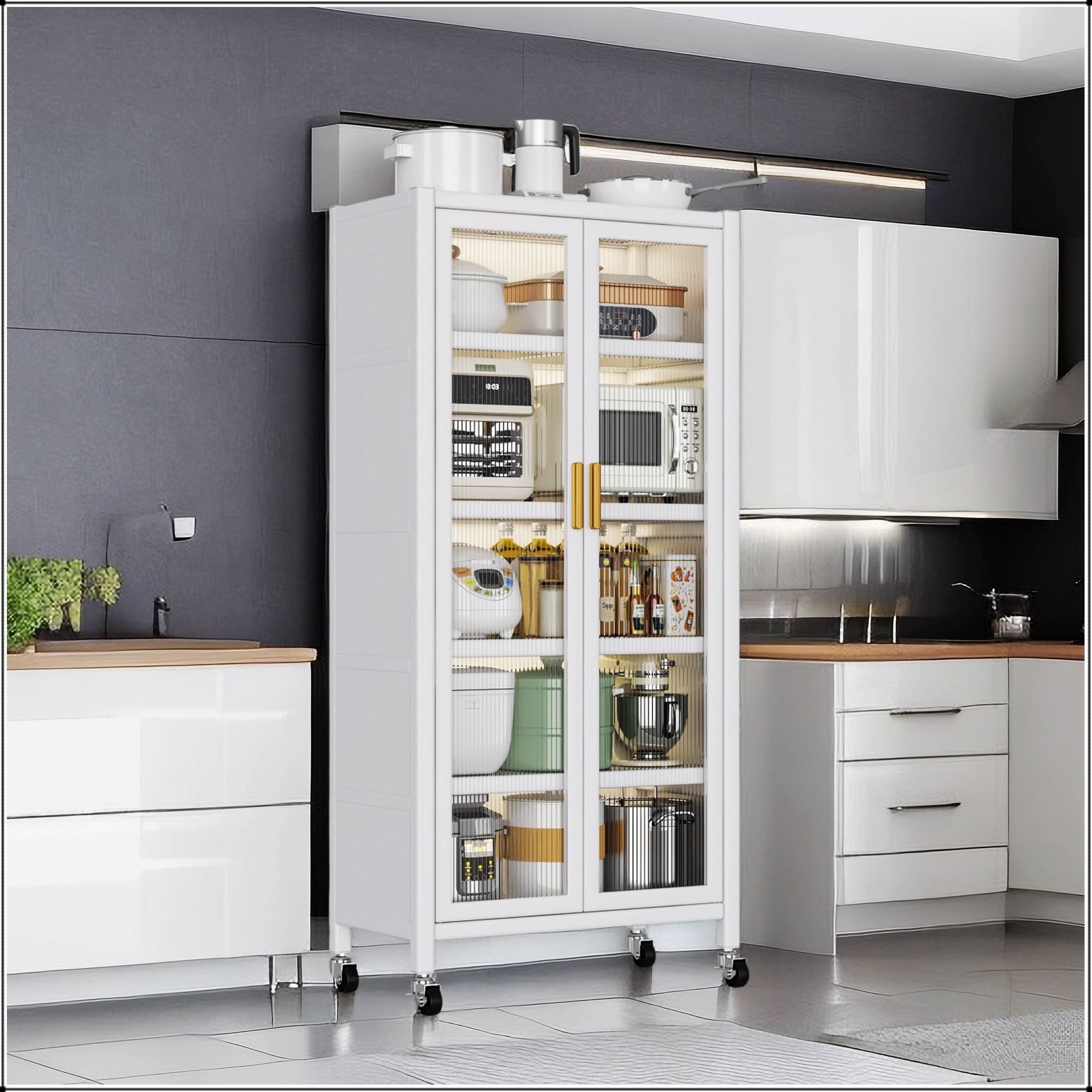 Ebern Designs Floor-To-Ceiling Multilevel Open-Door Kitchen Shelving ...